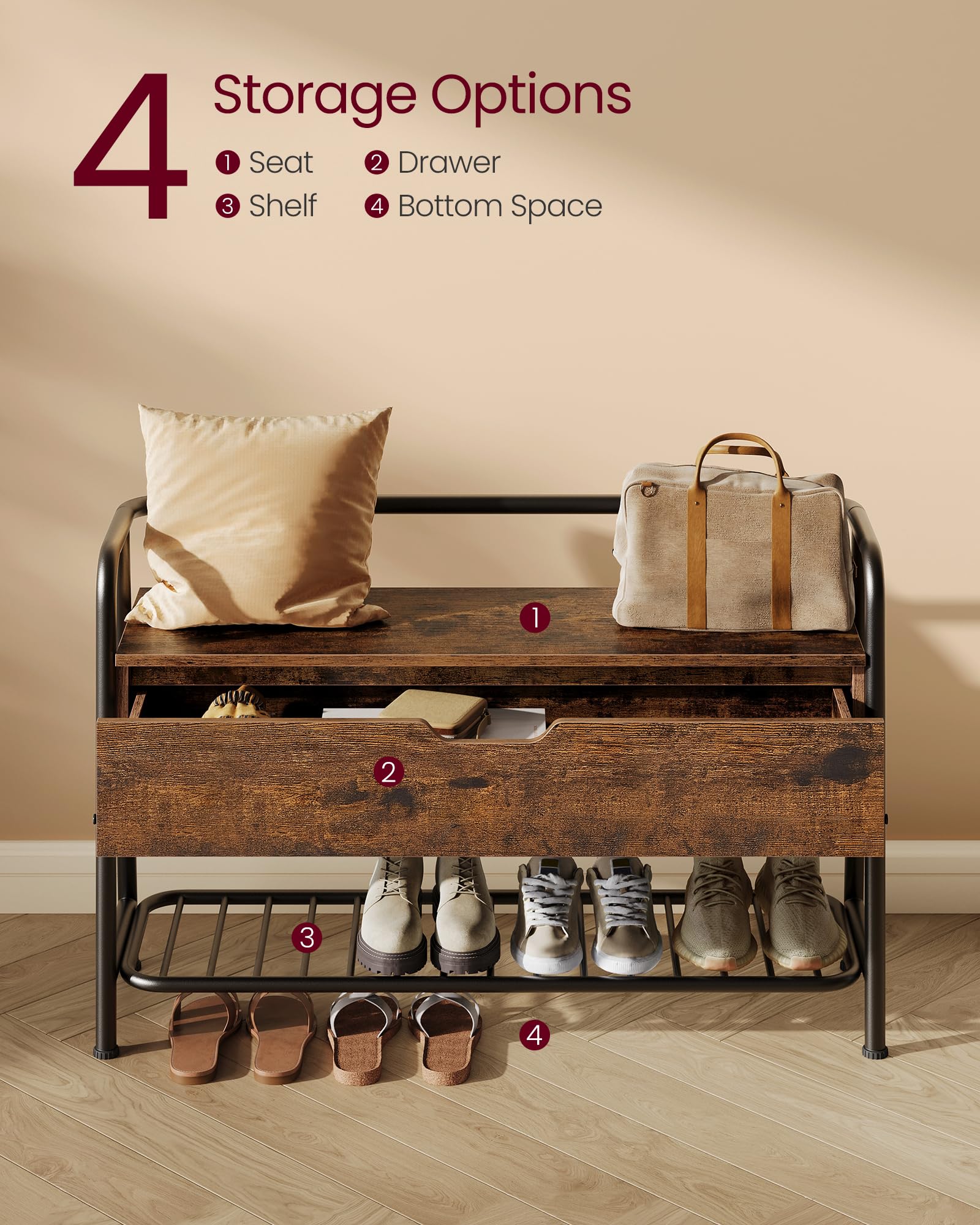 VASAGLE Shoe Storage Bench with Seating, Shoe Bench with Organizer Drawer, Industrial Style, Steel Frame, Holds Up to 600LB, for Entryway, Living Room, Bedroom, Rustic Brown and Ink Black, ULSB151K01