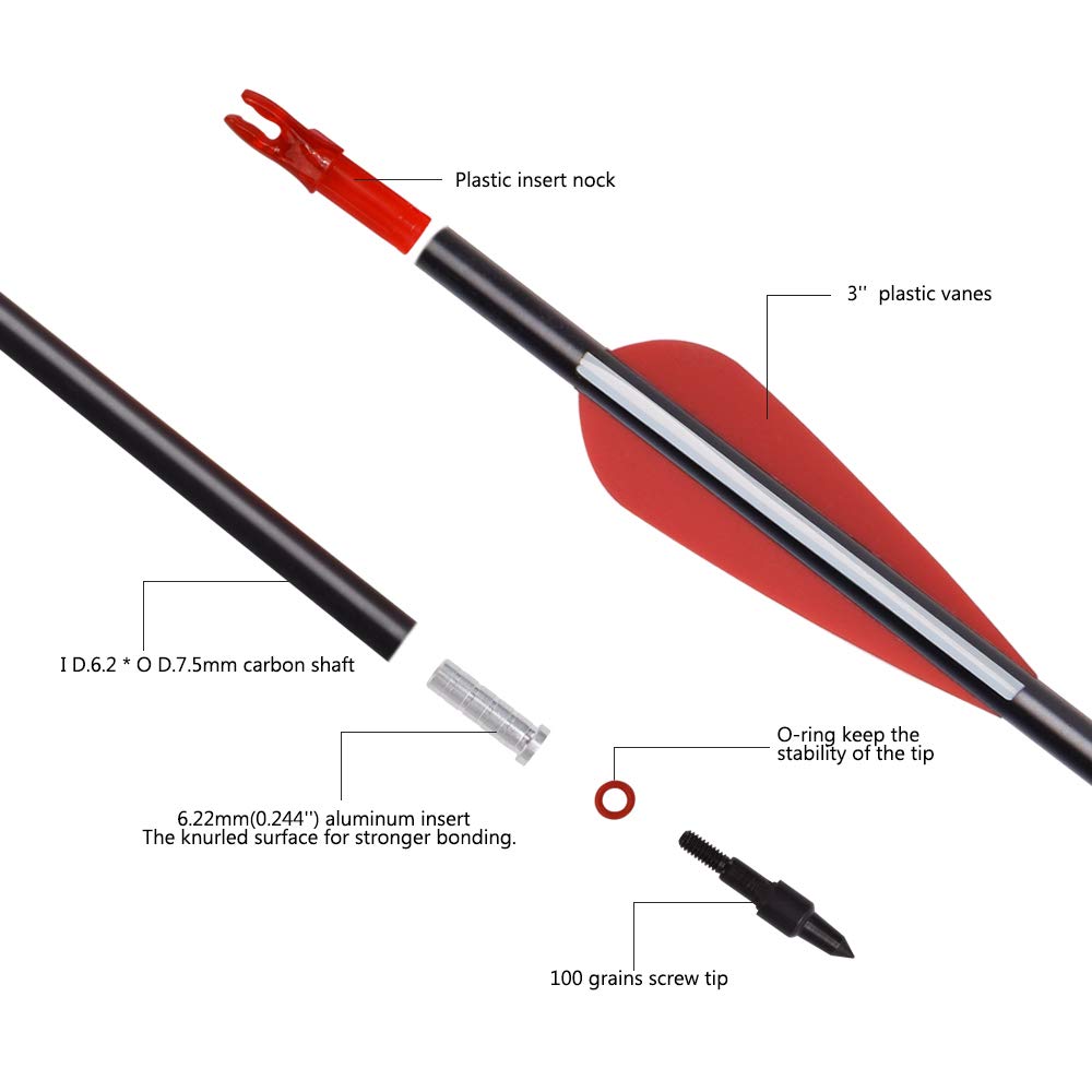 Archery Carbon Arrow Hunting Target Practice Arrows 28 Inch with Removable Tips for Compound & Recurve Bow Spine 500 12PCS
