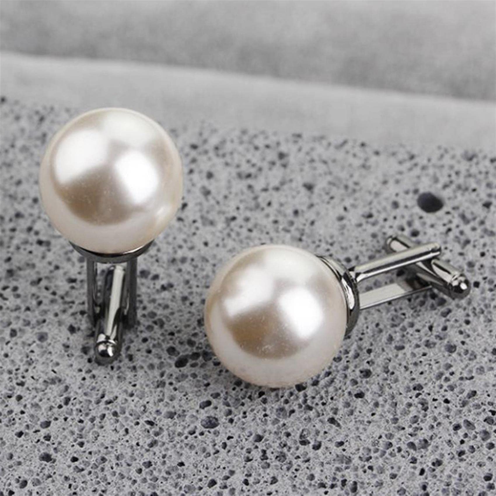 Atmneris Woman Men's Simulated Pearl Cufflinks and Studs for Shirts Business Wedding Formal Suit Cuff Link,Silver