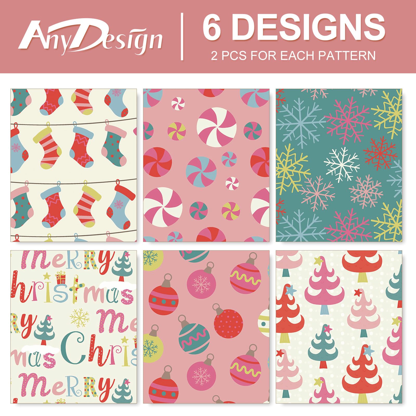 AnyDesign 12 Sheet Christmas Wrapping Paper Pink Blue Xmas Tree Snowflake Candy Cane Gift Wrap Paper Bulk Winter Decorative Art Paper for Birthday Baby Shower, Folded Flat, 19.7 x 27.6 Inch