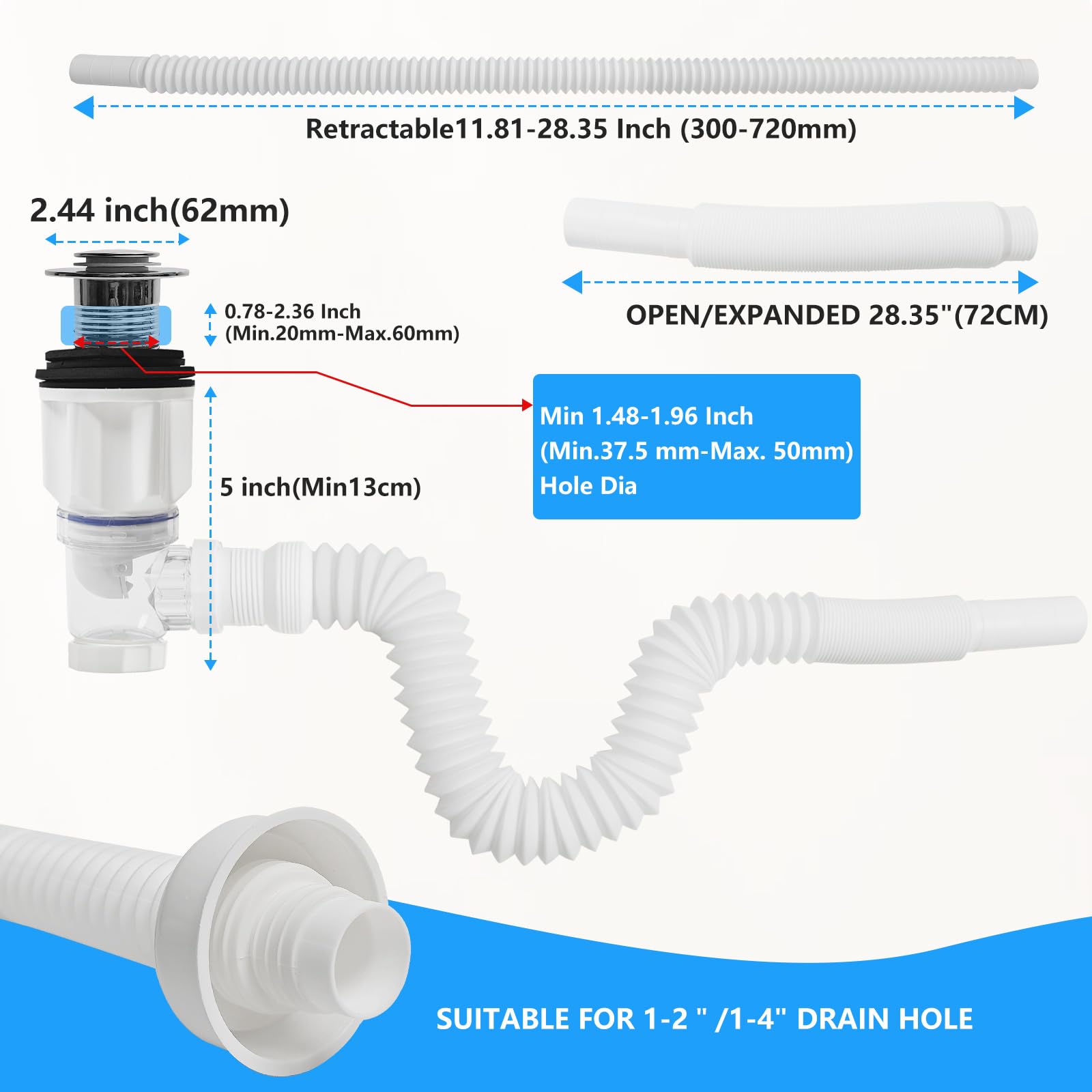 Bathroom Sink Drain Pipe Kit,Bathroom Sink Drain with Strainer Basket Hair Catcher and pop-up Stopper Flexible Sink Drain Pipe P-Trap,Suitable for drains Including for 1-1/4'' & 1-1/2'',RuQiankun