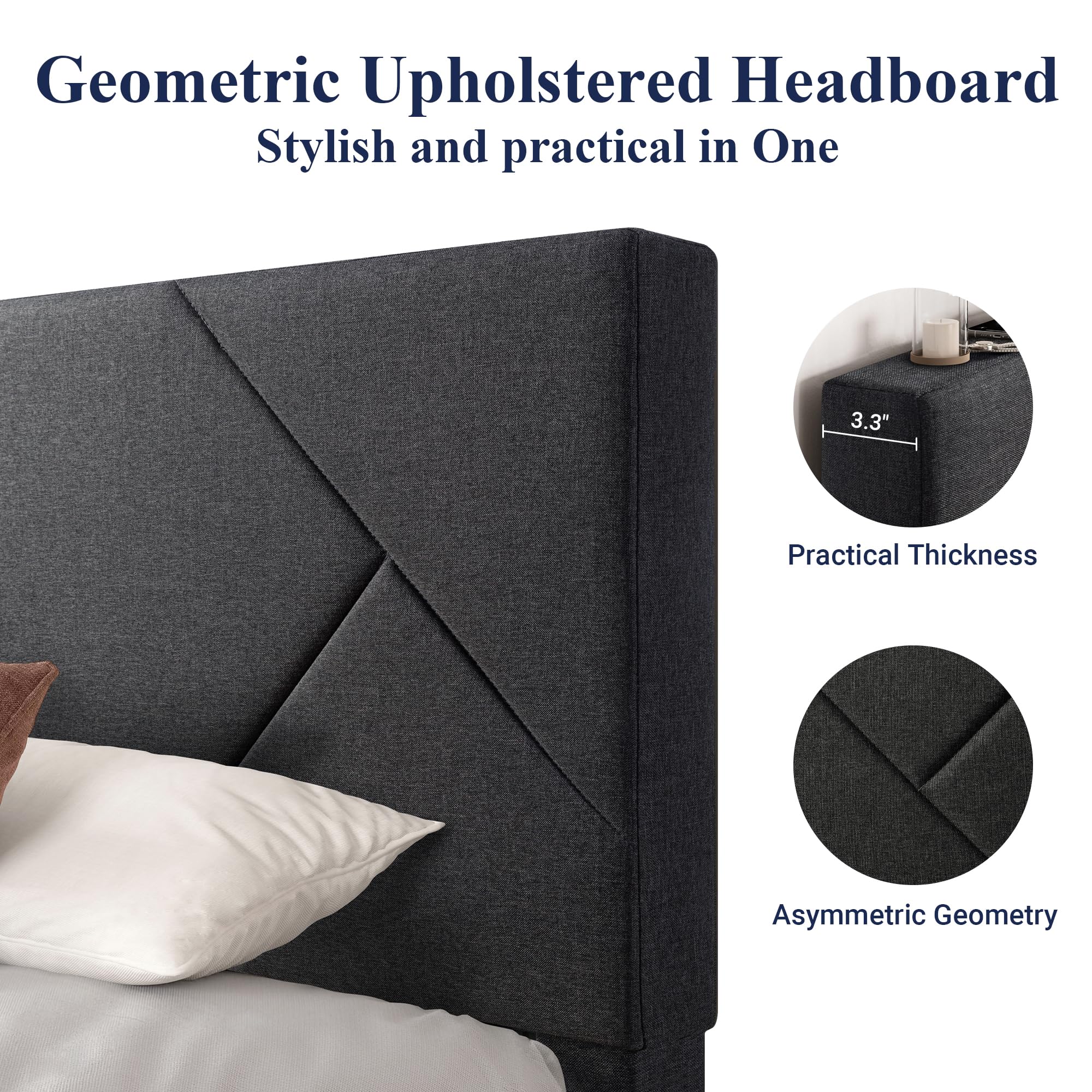 Allewie Full Size Upholstered Bed Frame with Geometric Headboard, Heavy-Duty Platform Bed, No Box Spring Needed, Dark Grey