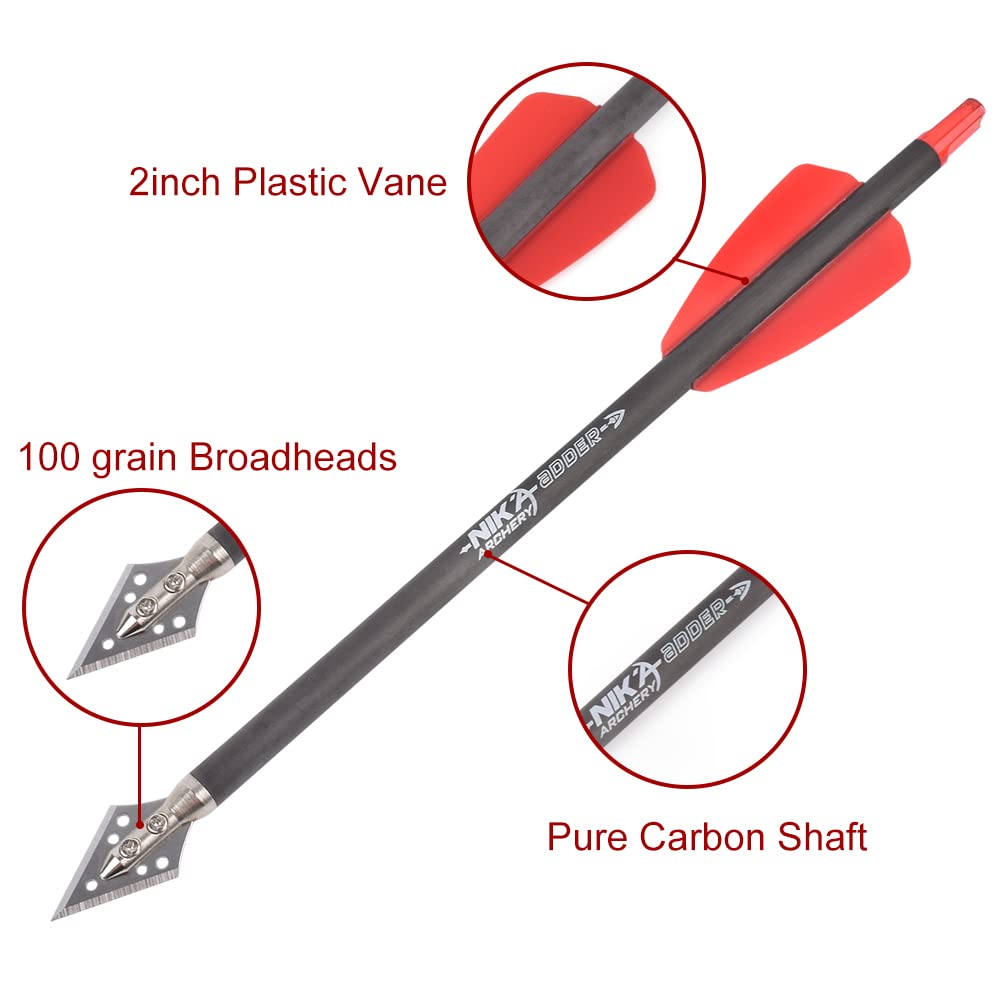 Archery Crossbow Hunting Practice 7.5" inch R9 Crossbow Bolts Carbon Arrows 2" Red Vanes with 100grain Broadhead for Hunting Shooting Targeting 12PCS