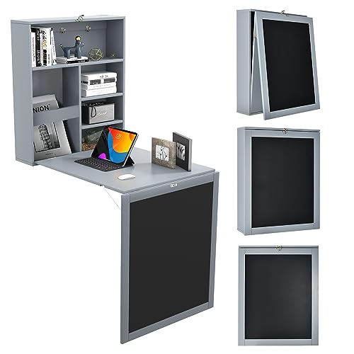 IFANNY Folding Wall Desk, Wall Mounted Fold Out Desk with Storage Shelves & Hooks, Hideaway Desk Wall Mount with Chalkboard, Floating Corner Desk for Small Spaces (Gray)