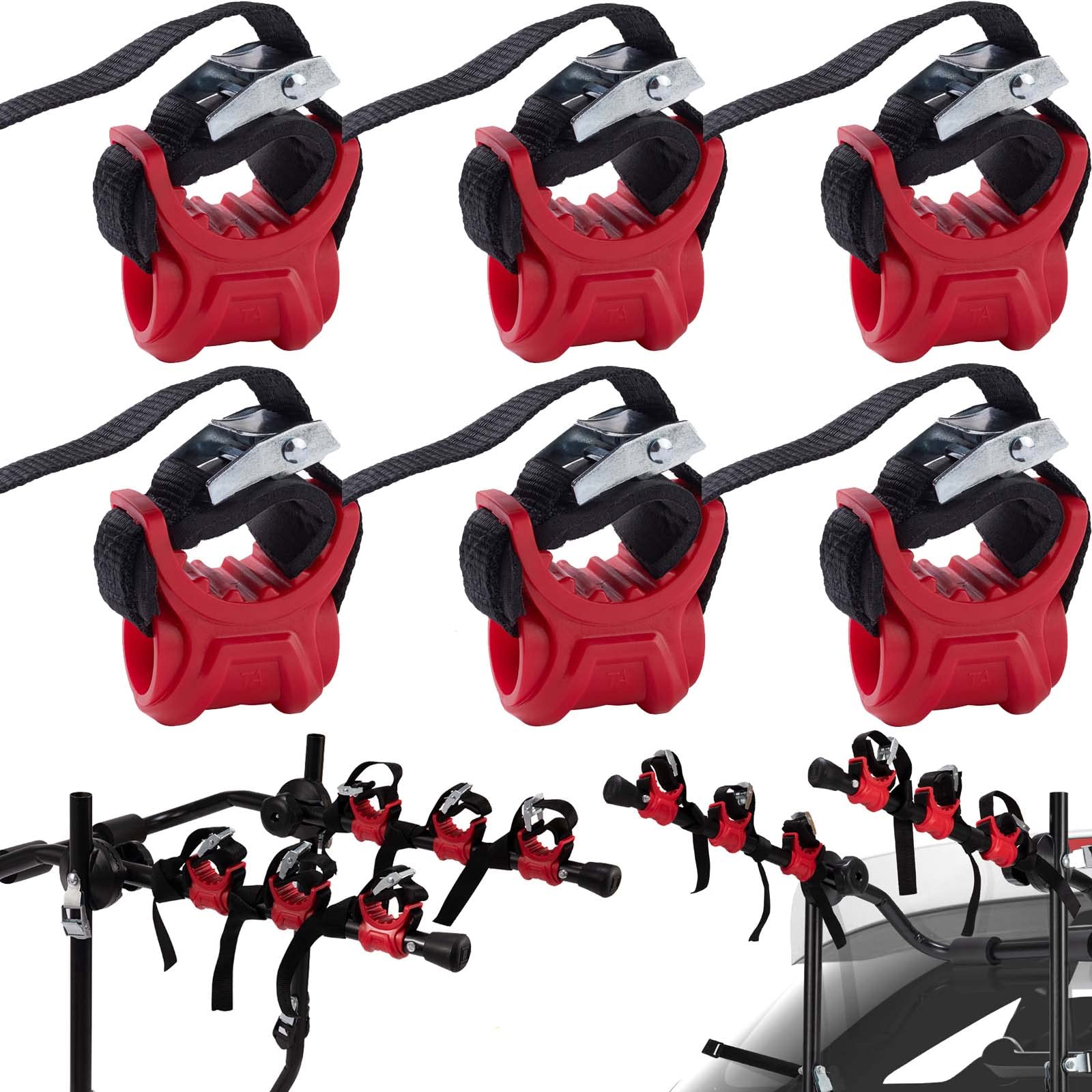 ASENDIWAY 6Pcs/Set Bike Rack Hitch Mount Bicycle Car Bike Rack Strap Replacement Cradles Cargo Carrier Spare Hooks with Rubber Straps 1-1/4"&2" Bike Rack PartsTruck Hitch Red&Black Tie-Down Straps