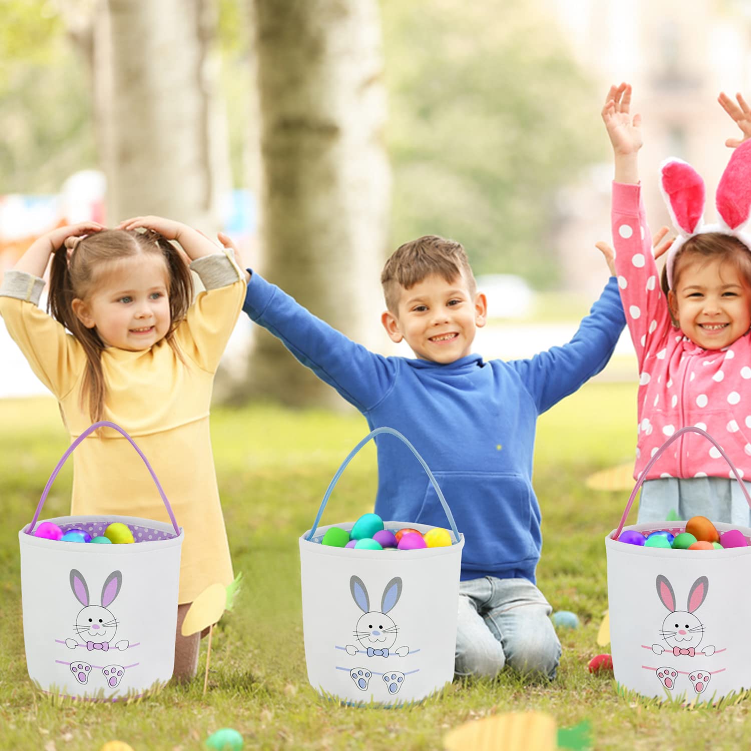 Easter Bunny Basket Egg Bags for Kids Canvas Tote Bags Buckets for Easter Eggs Personalized Candy Egg Basket with Rabbit Print Easter Tote Bag Party Candy Storage Decoration(2pcs)