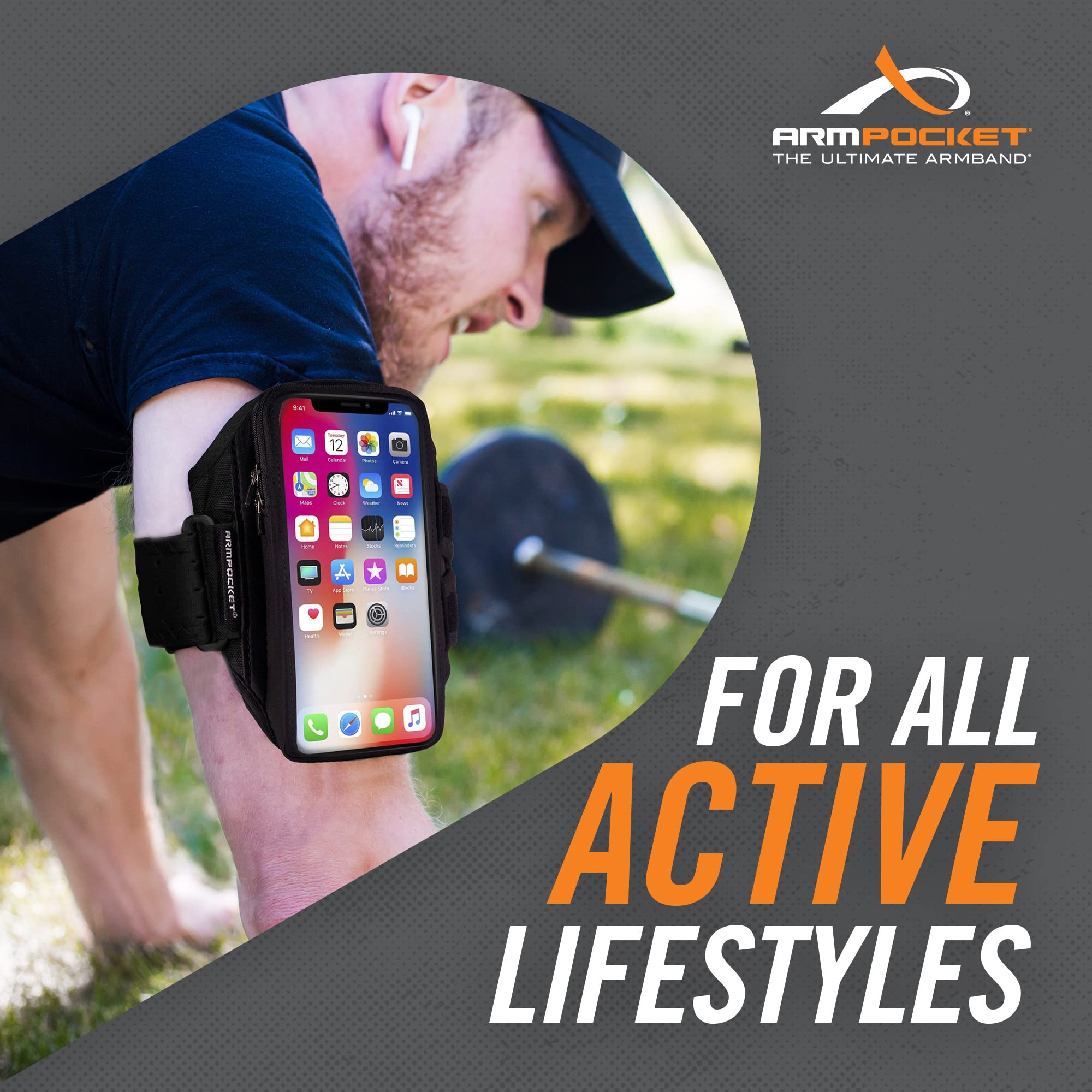 Armpocket X Plus Arm Band, Cell Phone Holder for Walking, Running Arm Bands for Cell Phone w/Case, for iPhone 14 Series, Galaxy S21 Ultra, Pixel 7 Pro, & Devices Up to 6.5 Inches, Black Medium Strap