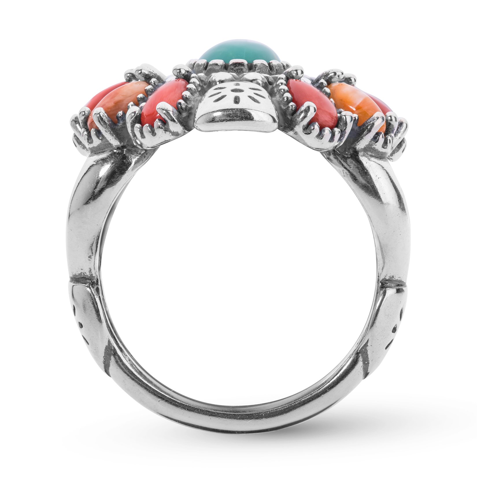 American West Sterling Silver Green Turquoise, Red and Orange Spiny Oyster Gemstone Cluster Ring Size 7