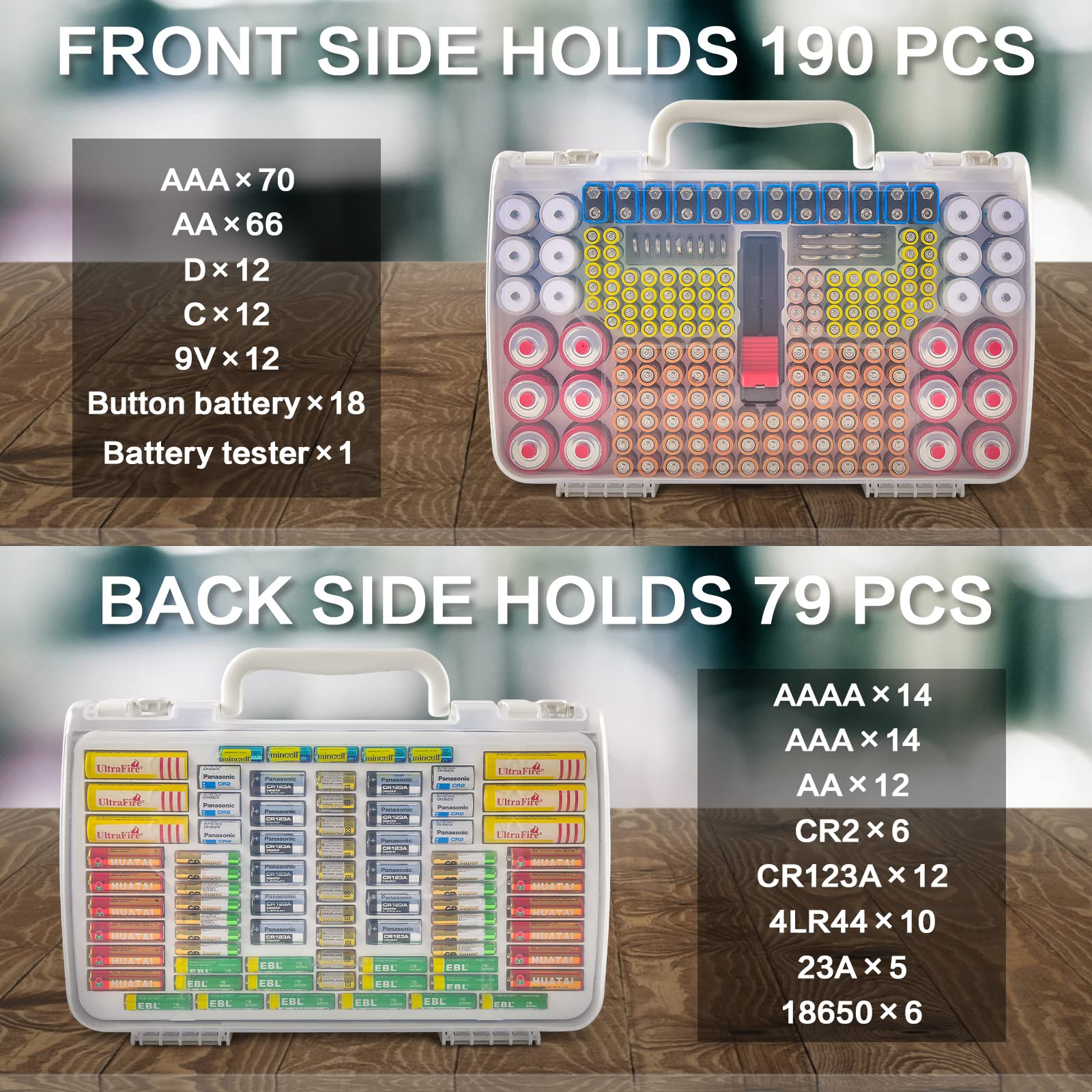 Battery Organizer Storage Holder Case with Double-Sided, Garage Box with Tester Checker. Batteries Container for 269pcs AA AAA AAAA 3A 4A 9V C D Lithium 4LR44 CR2 CR123A CR1632 CR2032 18650 - White