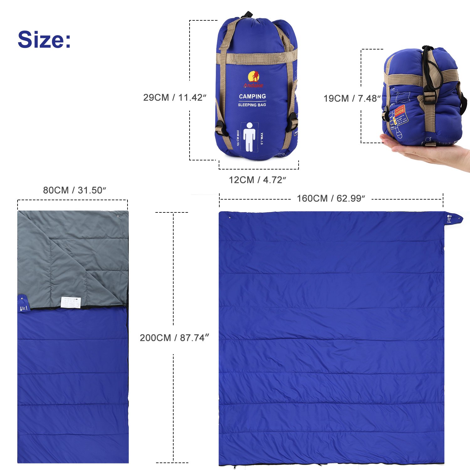 Andake Envelope Sleeping Bag, Machine Washable Lightweight Splash-Resistant with Compression Sack Great for 3 Season Indoor & Outdoor Use, for Hiking, Camping, Backpacking, Traveling (Single/Double)