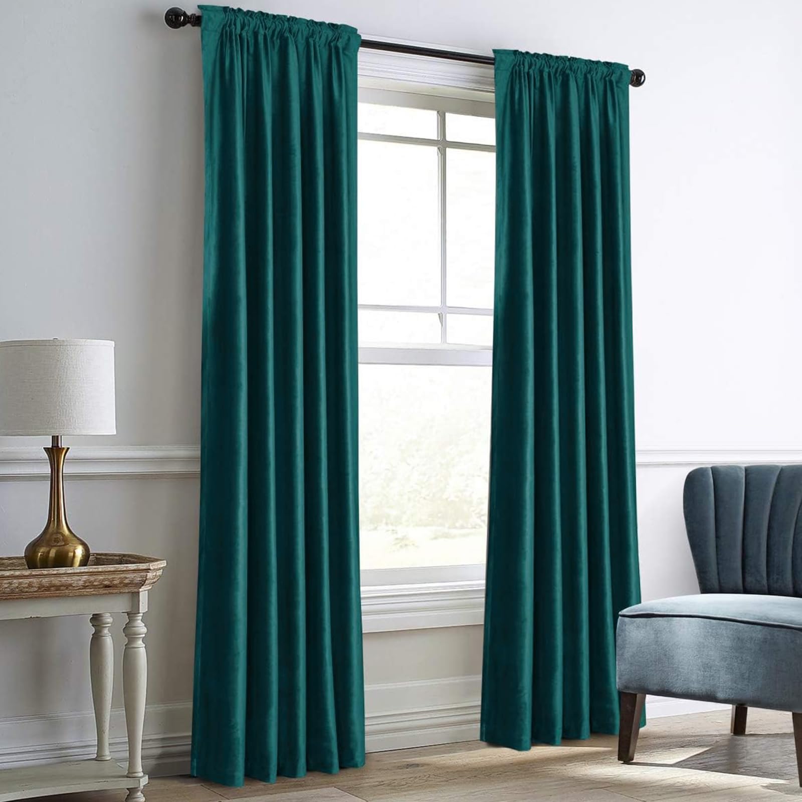 Dreaming Casa Teal Green Velvet Curtains for Living Room Thermal Insulated Rod Pocket Back Tab Window Curtain for Bedroom 2 Panels 52" W x 96" L