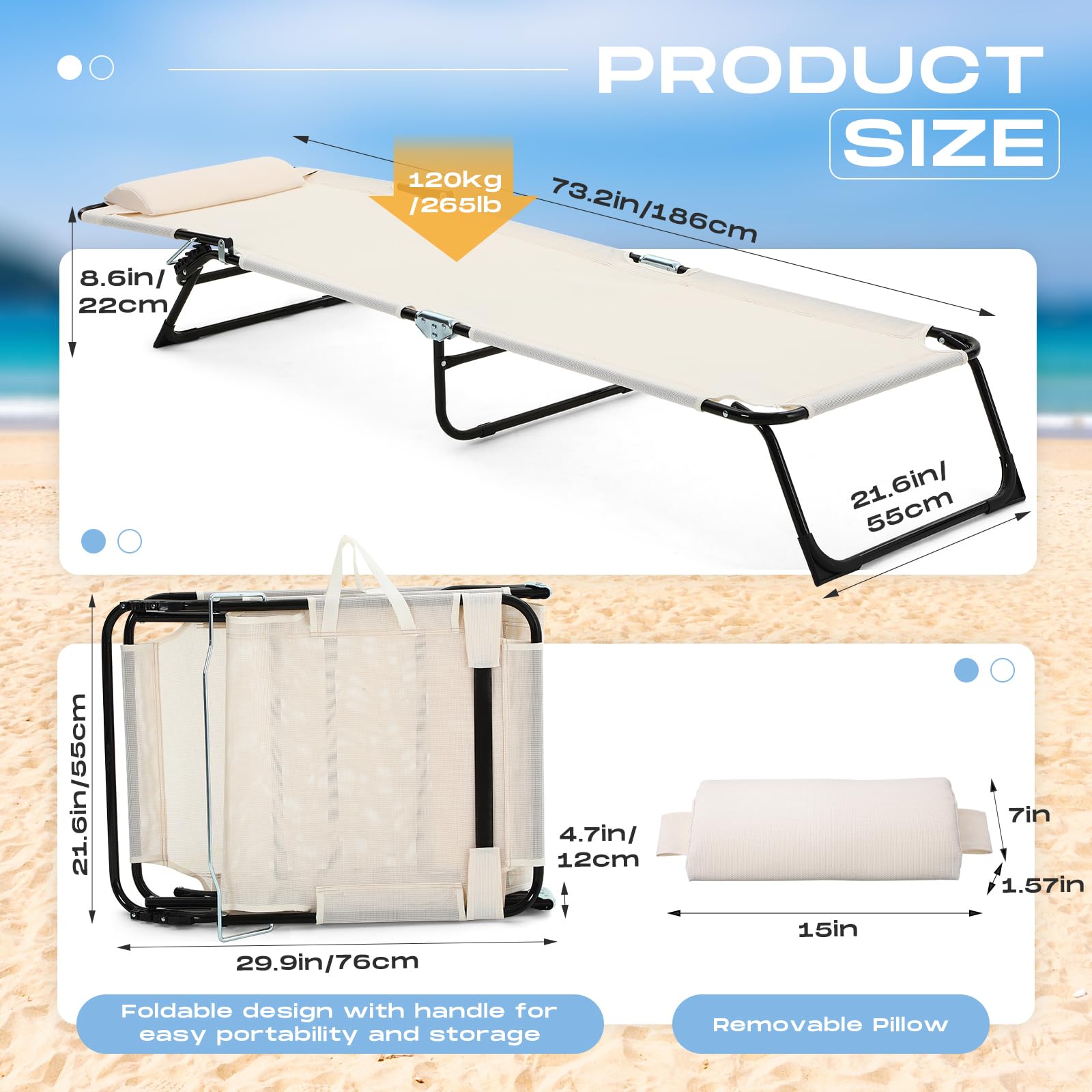 Suzile 2 Pack Folding Chaise Lounge Chairs Outdoor Adjustable Beach Tanning Chair with 5 Position Reclining Back Detachable Pillow Breathable Mesh Sun Lounger for Beach Pool Yard Camping(Beige)
