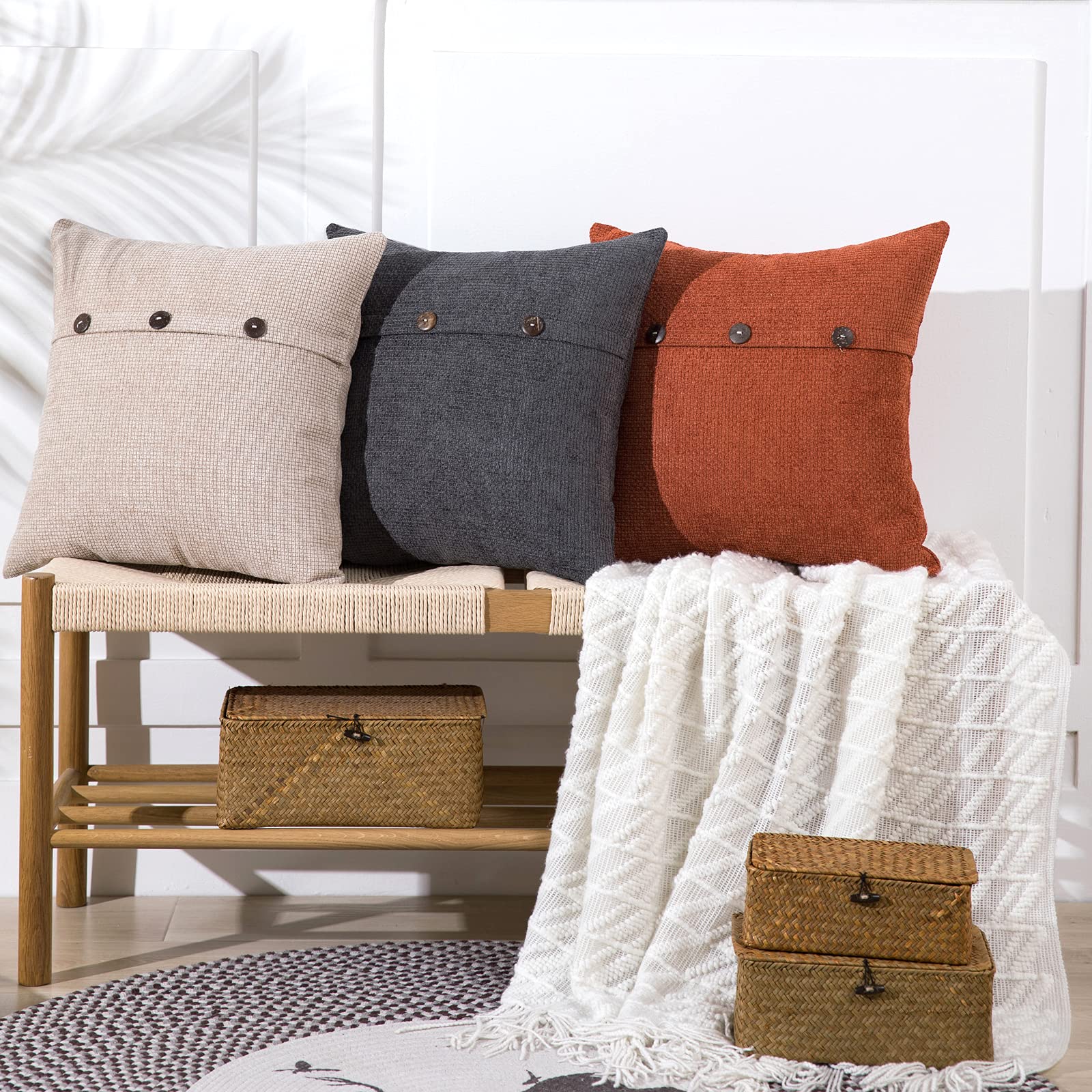 Anickal Burnt Orange Pillow Covers 18x18 Inch with Triple Buttons Set of 2 Chenille Rustic Farmhouse Decorative Throw Pillow Covers Square Cushion Case for Home Sofa Couch Decoration