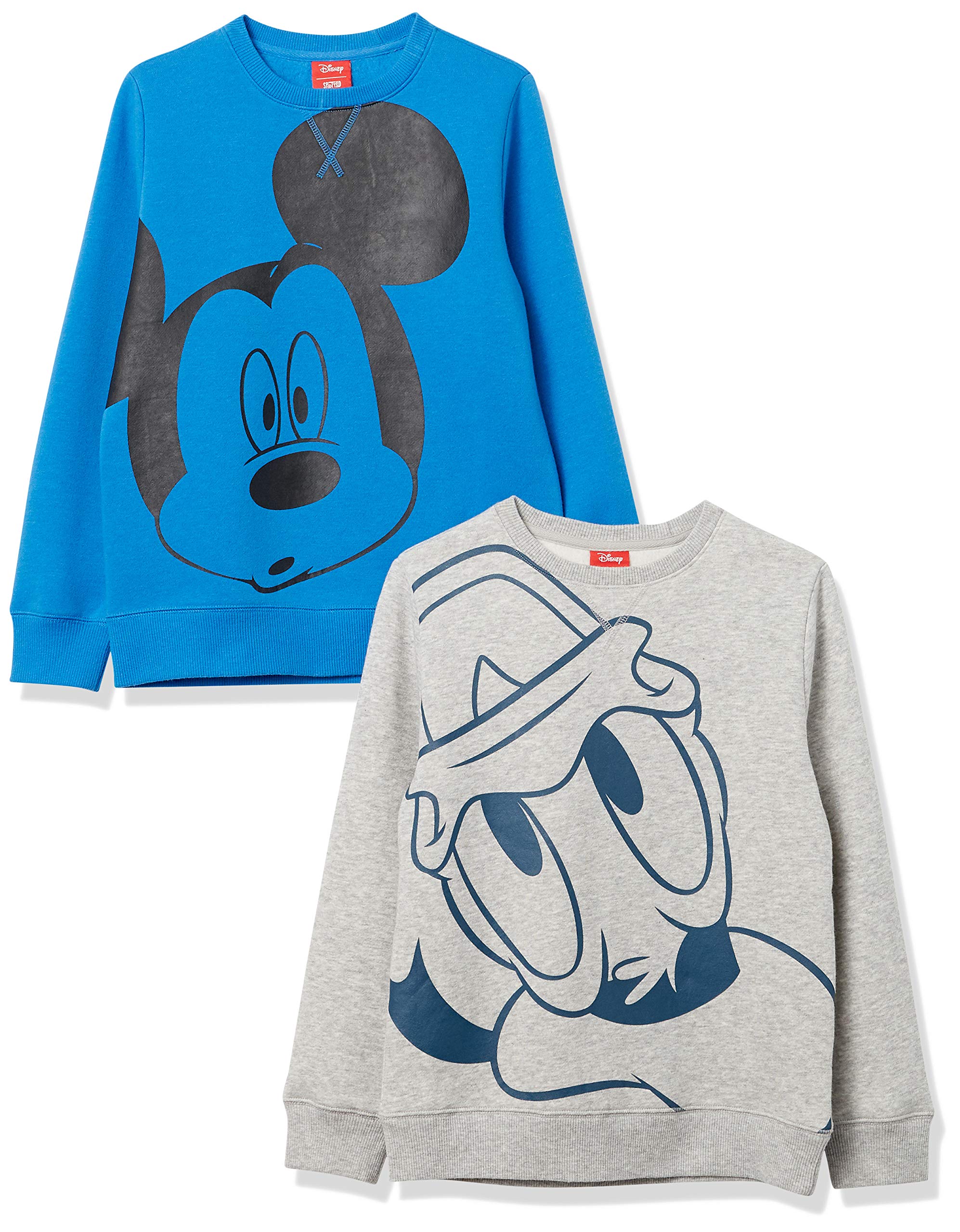 Amazon Essentials Disney | Marvel | Star Wars Boys' Fleece Crew Sweatshirts (Previously Spotted Zebra), Pack of 2, Grey/Blue, Mickey, Small