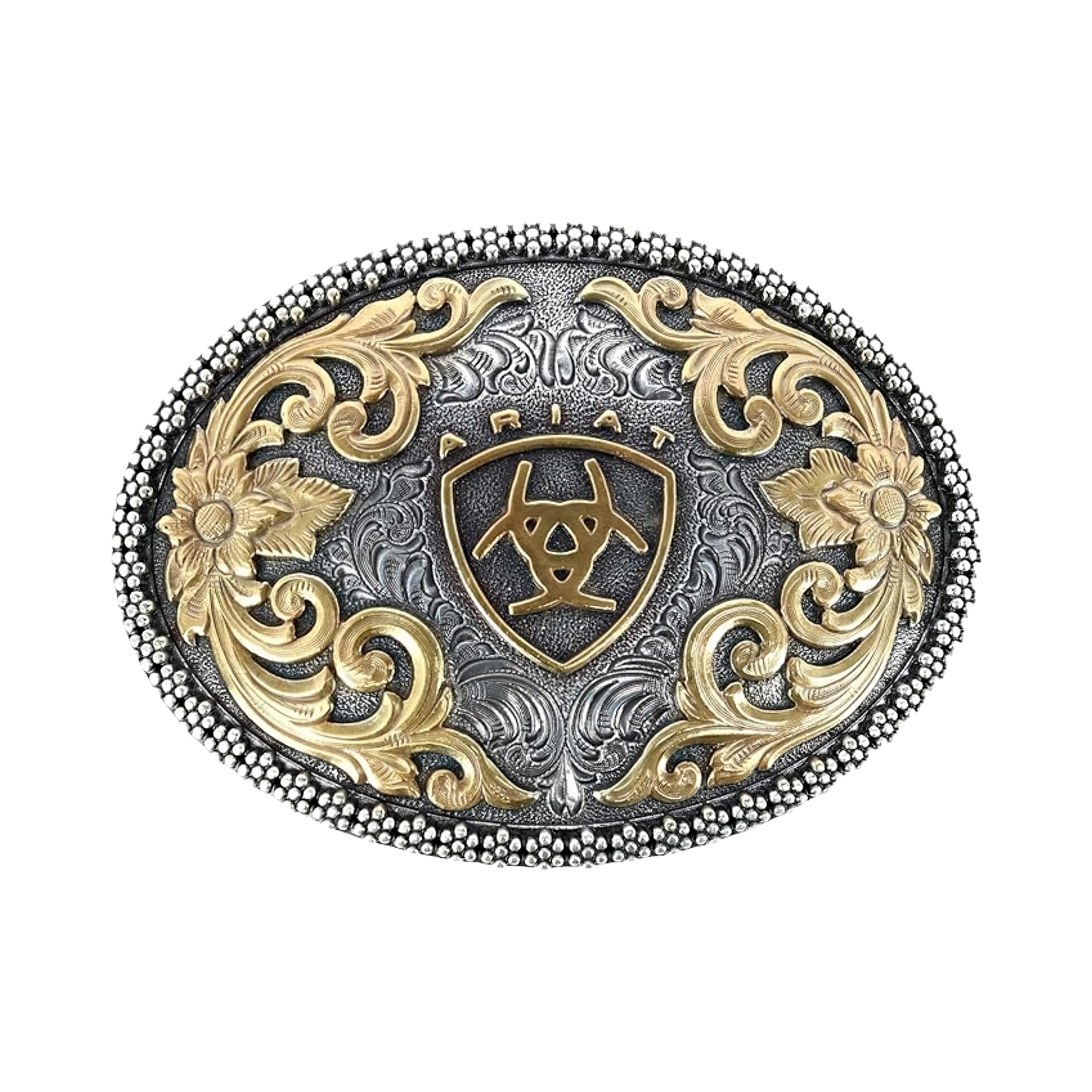 ARIAT Oval Buckle with Logo, Floral Scrolls and Filigree Detail, Antique Gold and Silver Finish, 3.75"x 2.75"