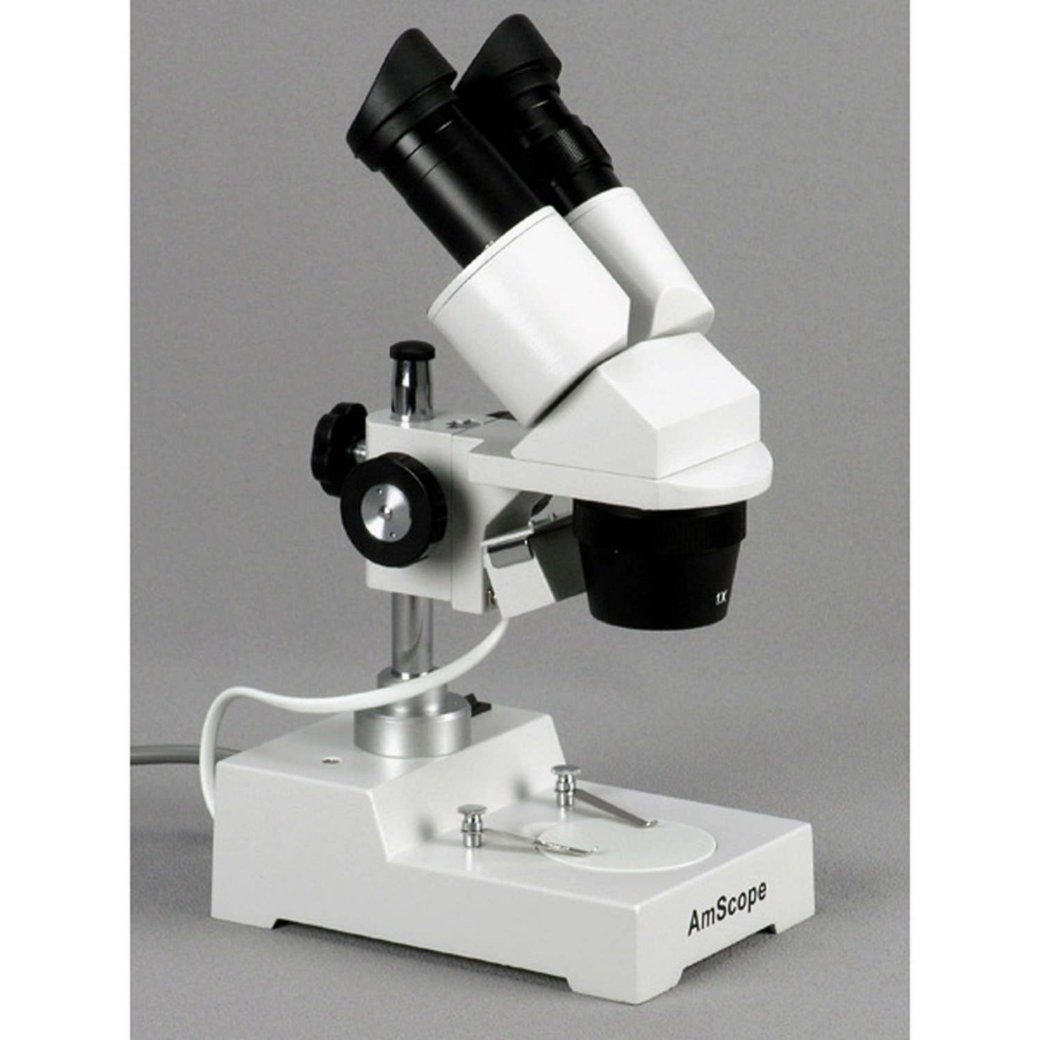 AmScope SE303-PZ Binocular Stereo Microscope, WF10x and WF20x Eyepieces, 10X/20X/30X/60X Magnification, 1X and 3X Objectives, Tungsten Lighting, Reversible Black/White Stage Plate, Pillar Stand, 110V