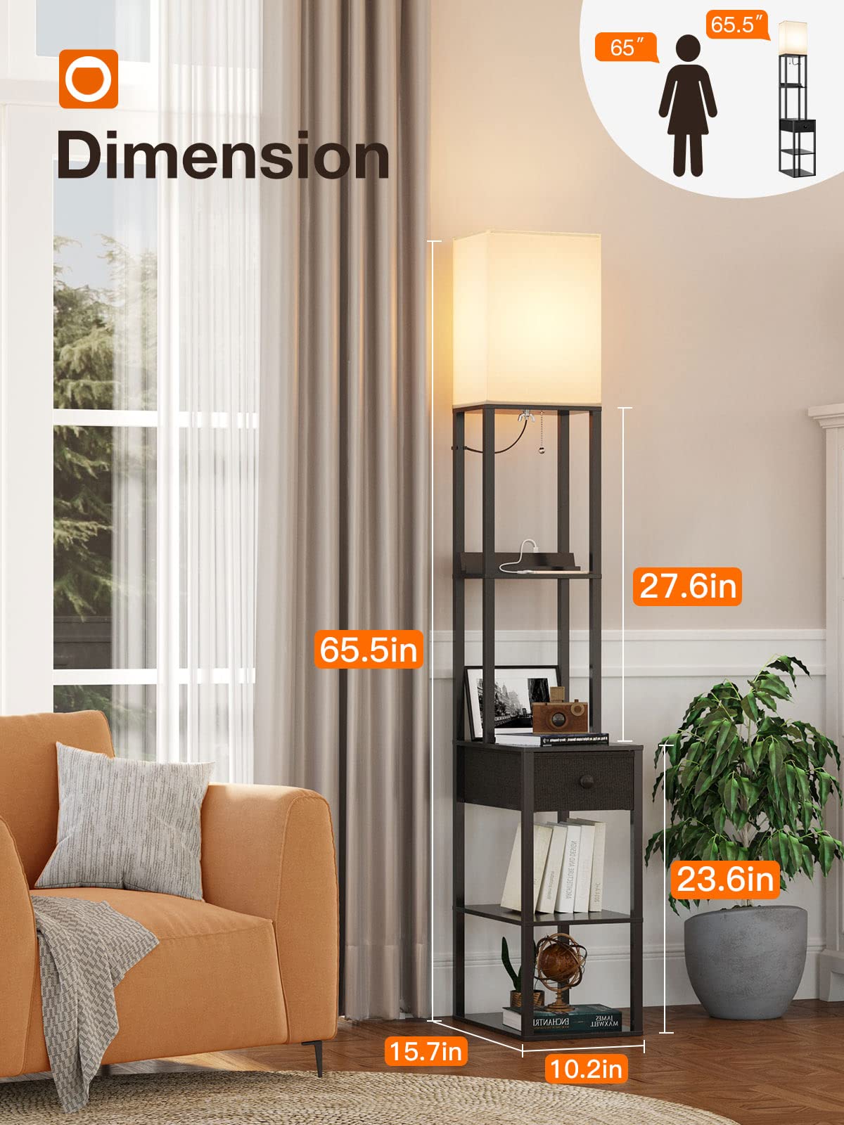 addlon Floor lamp with 2 USB, 1 Outlet and Drawer, 3 Color Temperatures LED Bulb (9W), Sofa lamp with White lampshade, Display Floor lamp with Shelves for Living Room, Bedroom and Office - Black