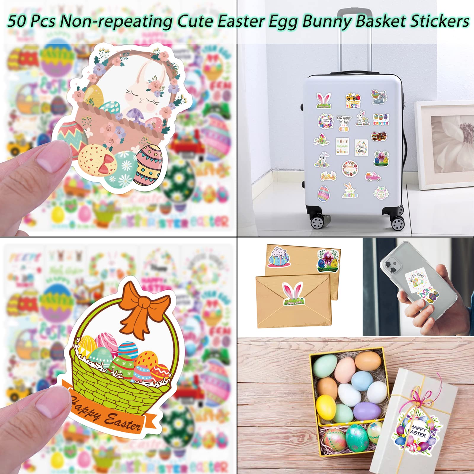 Easter Decorations Easter Stickers, 50 Pcs Cute Easter Egg Bunny Basket Stickers for Kids Teens Adults, Vinyl Waterproof Easter Stickers for Laptop Water Bottle Window Envelopes Cards Crafts Scrapbook
