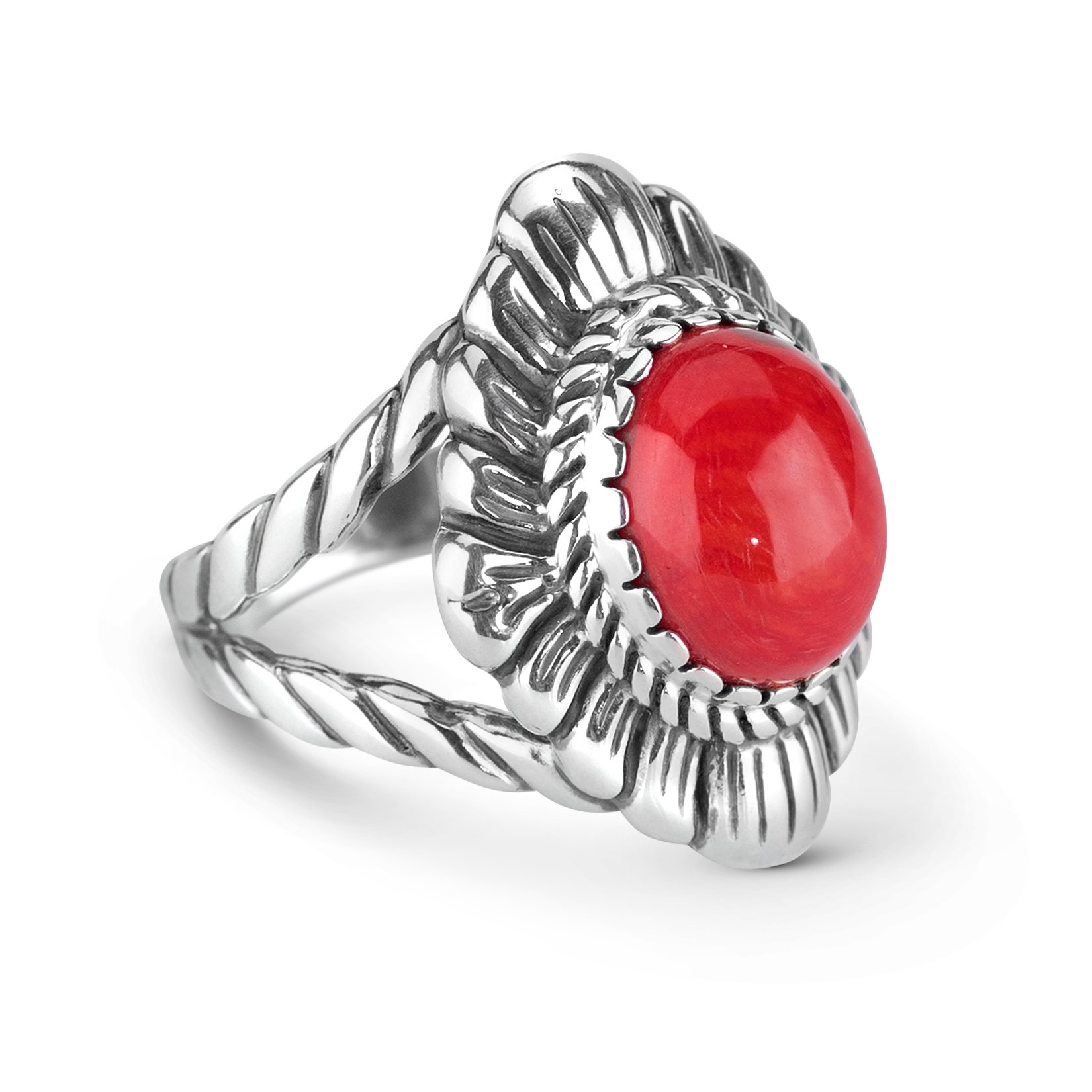 American West Sterling Silver Red Coral Gemstone Bold Ring Sizes 6