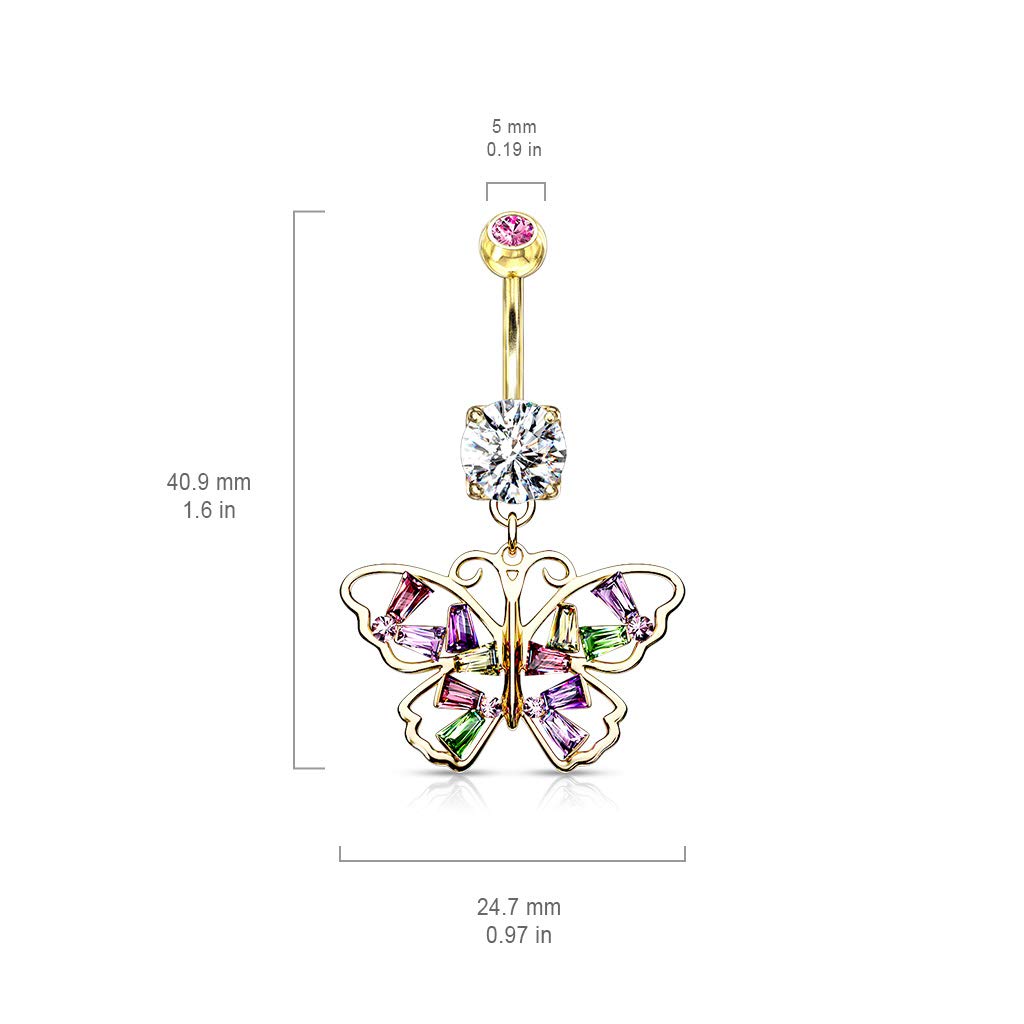 Amelia Fashion 14GA Butterfly with Multi Colored Baguette CZ Wings Dangle Belly Button/Navel Ring 316L Surgical Steel (Silver/Multi)