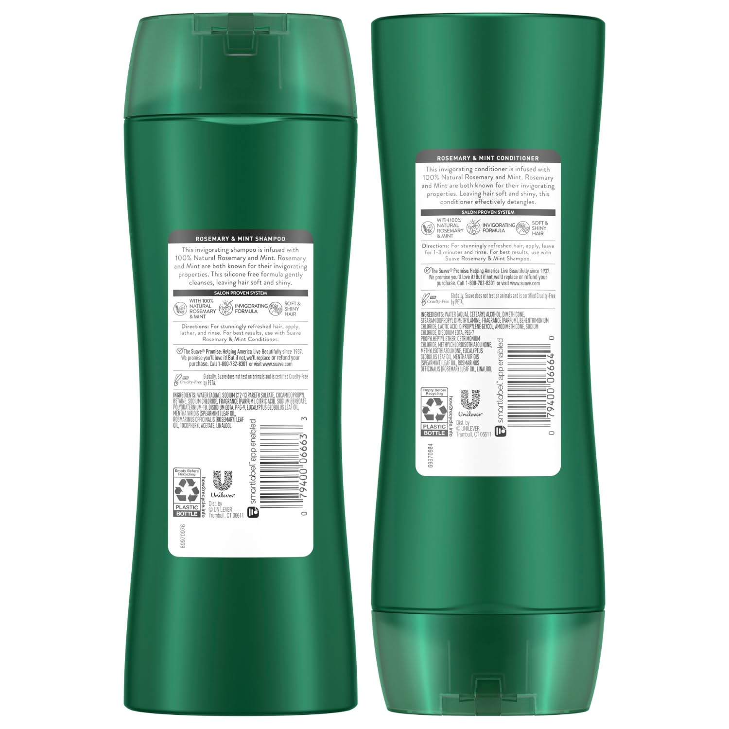 Suave Shampoo and Conditioner, Rosemary & Mint β Invigorating Formula with 100% Natural Essential Oils, 12.6 Oz Ea