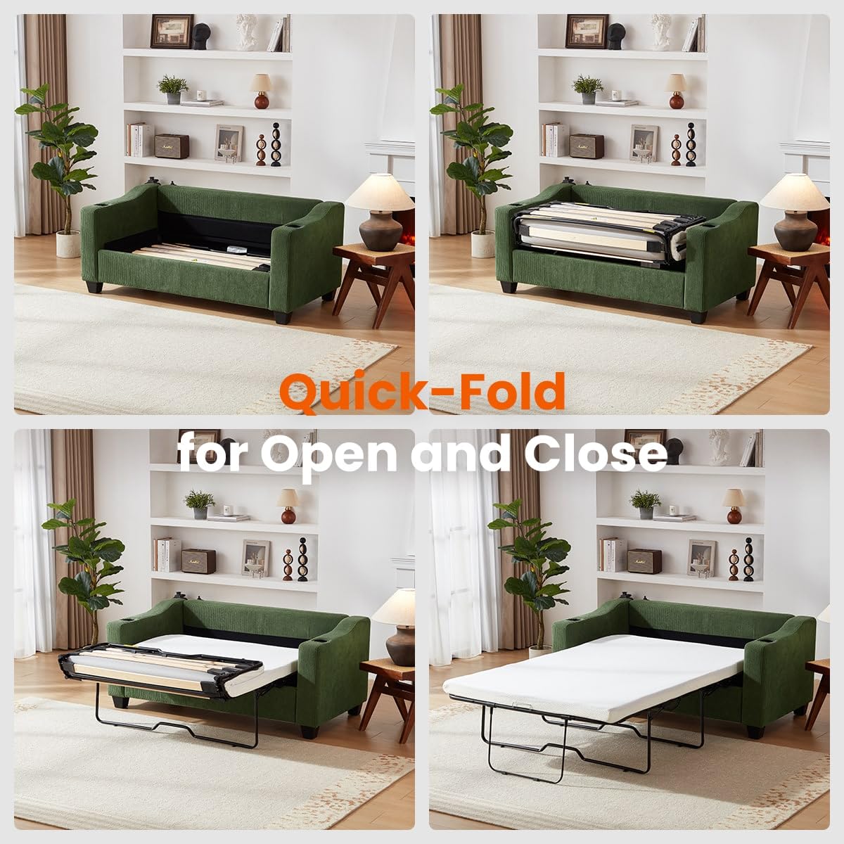 CHIC HOUSE Pull Out Sofa Bed, Full Size Sleeper Sofa, 2-in-1 Convertible Corduroy Couch with USB Charging, Memory Form Couch for Living Room, Apartment and Small Space