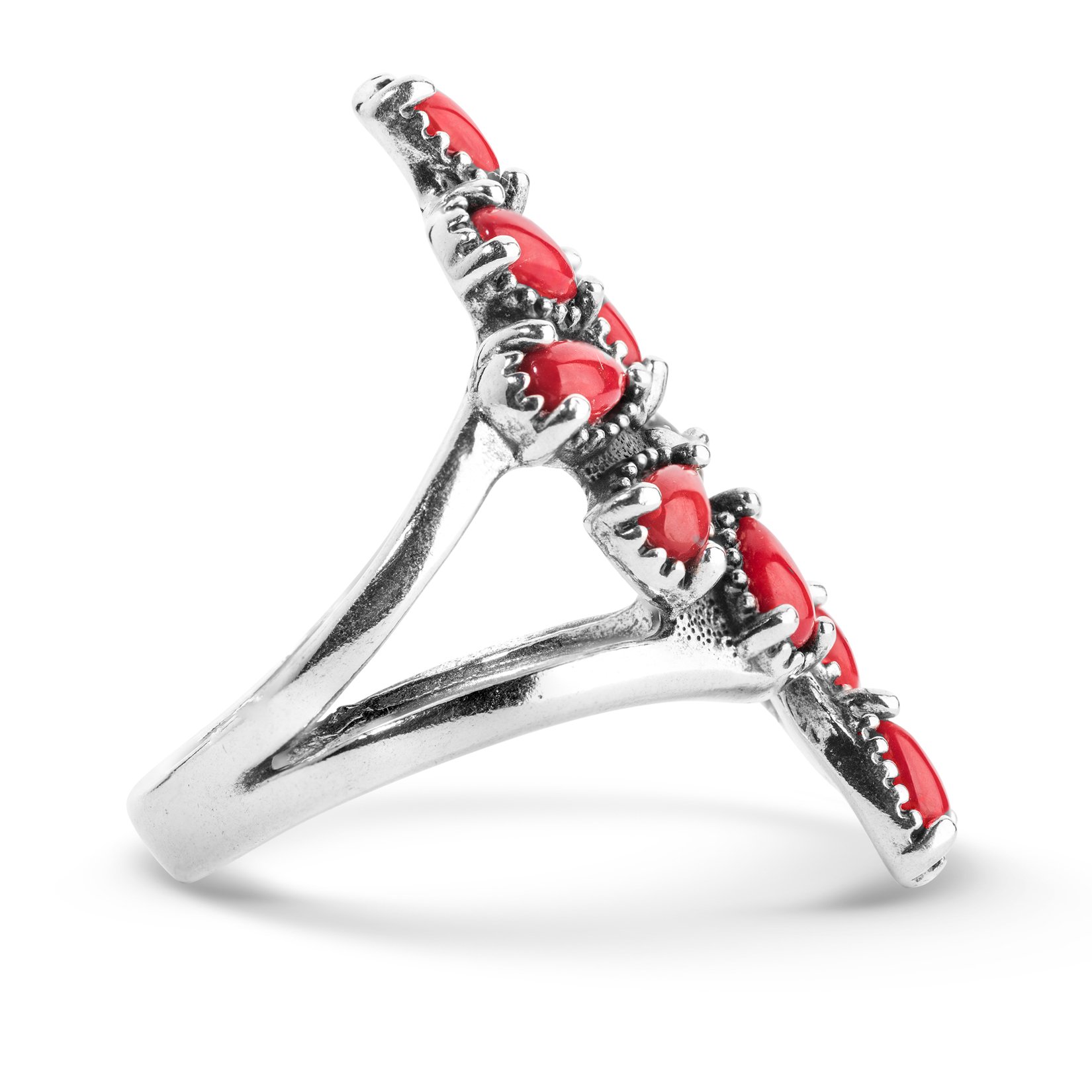 American West Sterling Silver Red Coral Gemstone Cluster Ring Size 5