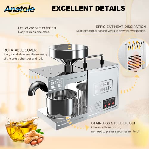 Anatole Oil Press Machine Electric Seed Oil Maker Stainless Steel 820W Automatic Kitchen Oil Extractor for Commercial Home Use 110V US Plug