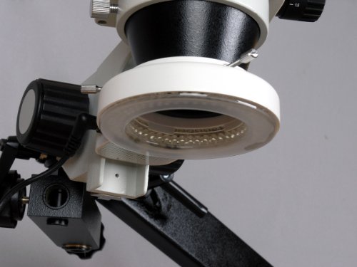 AmScope SM-8B-144S Professional Binocular Stereo Zoom Microscope, WH10x Eyepieces, 7X-45X Magnification, 0.7X-4.5X Zoom Objective, 144-Bulb LED Ring Light, Articulating-Arm Boom Stand, 110V-240V