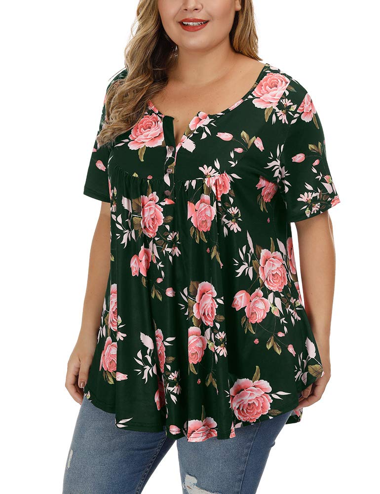 ALLEGRACE Women's Plus Size Floral Blouses Henley V Neck Button Up Tunic Tops Ruffle Flowy Short Sleeve T Shirts P53 White-Leaf Flower Dark Blue 2X