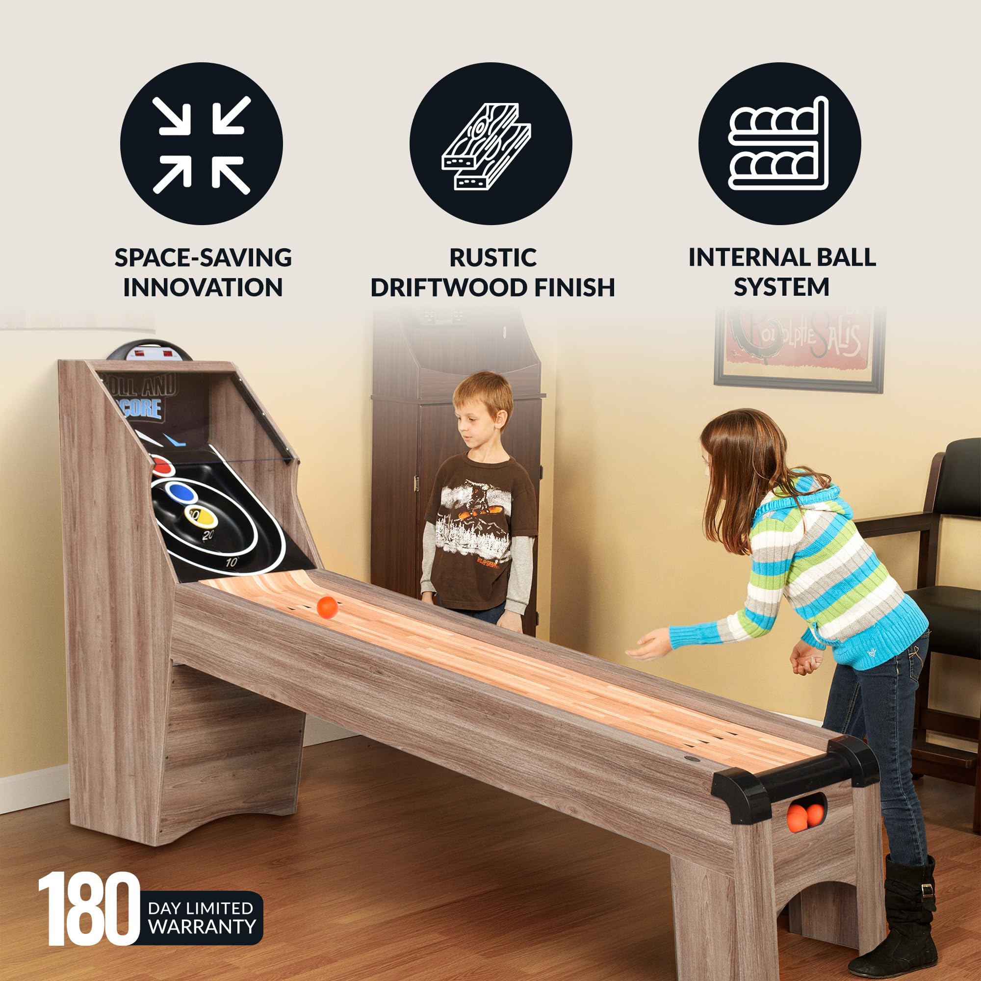 Hathaway Shooting Star 9-ft Arcade Ball Roll and Score Machine Table with LED Electronic Scorer and Sound, Great for Family Recreation Game Rooms, Driftwood