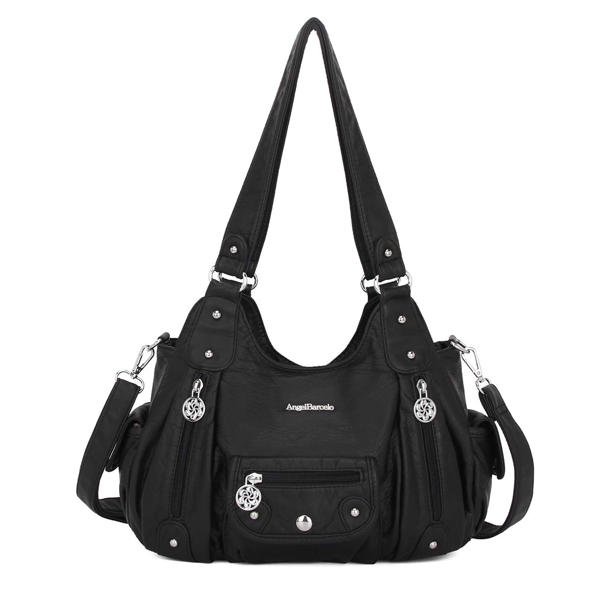 Angel Barcelo Roomy Fashion Hobo Womens Handbags Ladies Purses Satchel Shoulder Bags Tote Washed Leather Bag Black