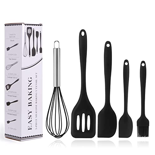 Allyooly Kitchen Utensils Set, Silicone Cooking Utensils Set Premium Quality Non-stick Heat Resistant Kitchen Utensils,Cookware with Stainless Steel Handle (5pcs-BLACK)