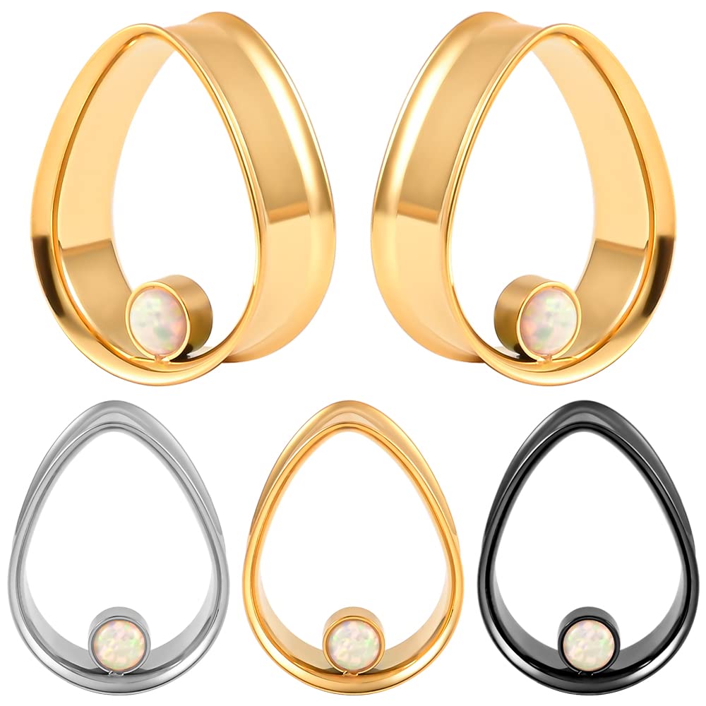 Atomhole 2PCS Teardrop Opal Ear Plugs Tunnels Hypoallergenic Ear Gauges 316 Stainless Steel Ear Expander for Stretchered Earrings Piercing Body Jewelry