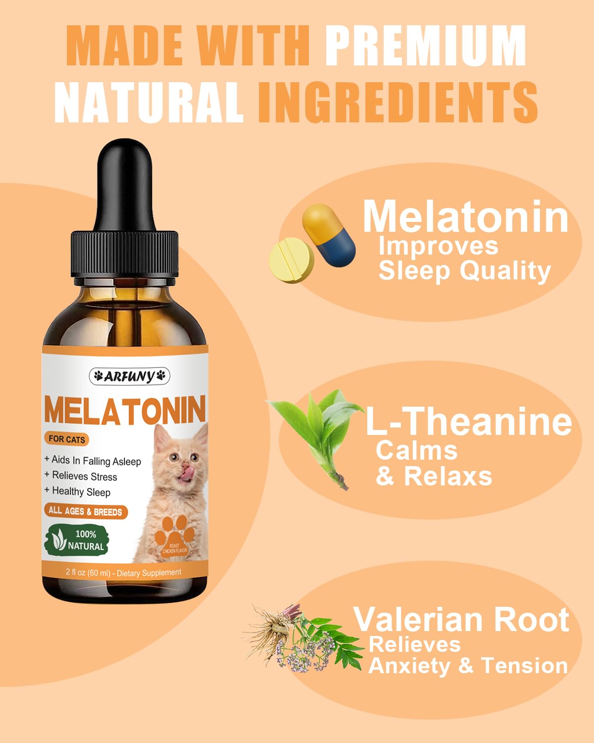 Cat Melatonin | 60ML Melatonin for Cats Supports Falling Asleep | Cat Melatonin Drop | Cat Sleep Aid | Cat Calming | Cat Anxiety Relief | Stress Relief for Cats | 2 fl oz, Roast Chicken Flavor