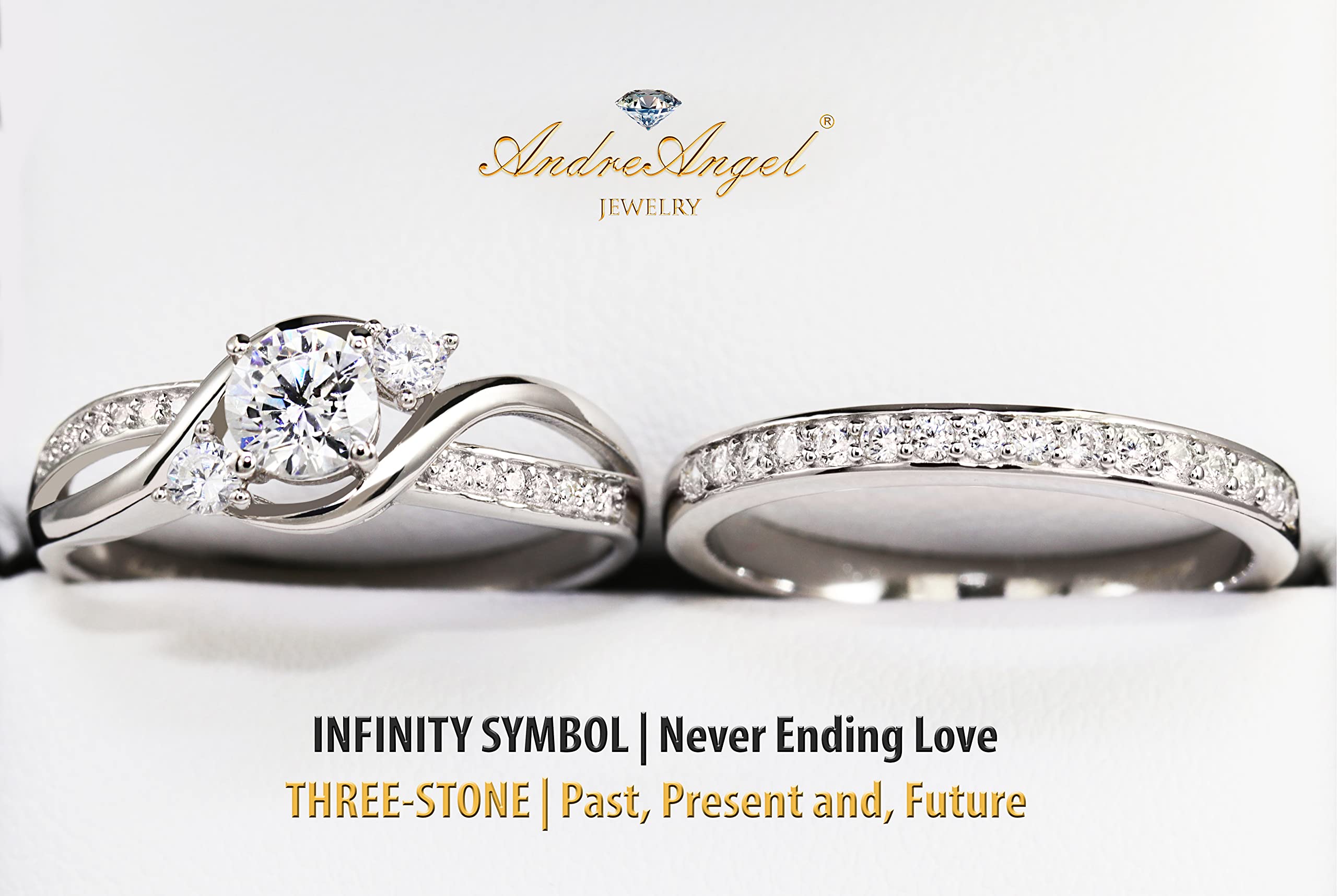 AndreAngel Three-Stone Wedding Ring Set for Women, Solid Sterling Silver 925, 5A+ Grade Cubic Zirconia Stones 0.5 Carat Rhodium-Platinum Plated