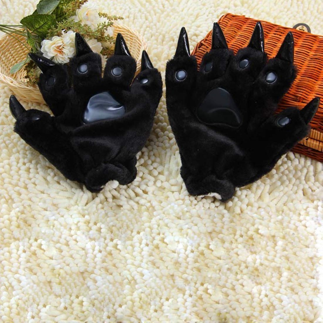Akanbou Animal Paw Claw Hand Gloves Halloween Cosplay Costume Warm Plush Gloves (Yellow)