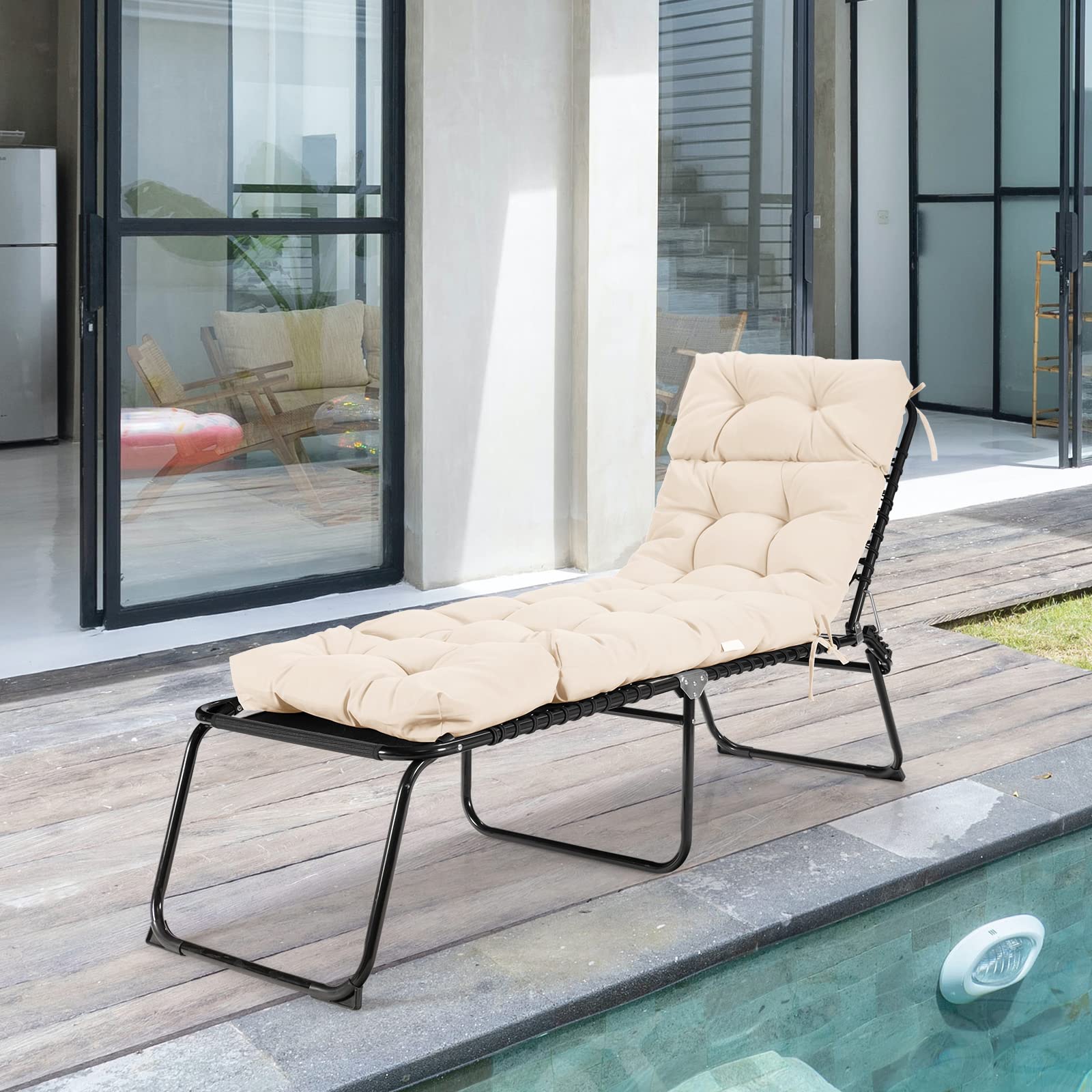 Chair, 72” x 22” x Chaise Lounge w/4 String Ties, Thickened, Tufted Patio Recliner for Outdoor Indoor Cushions, 1 Count (Pack of 1), Beige