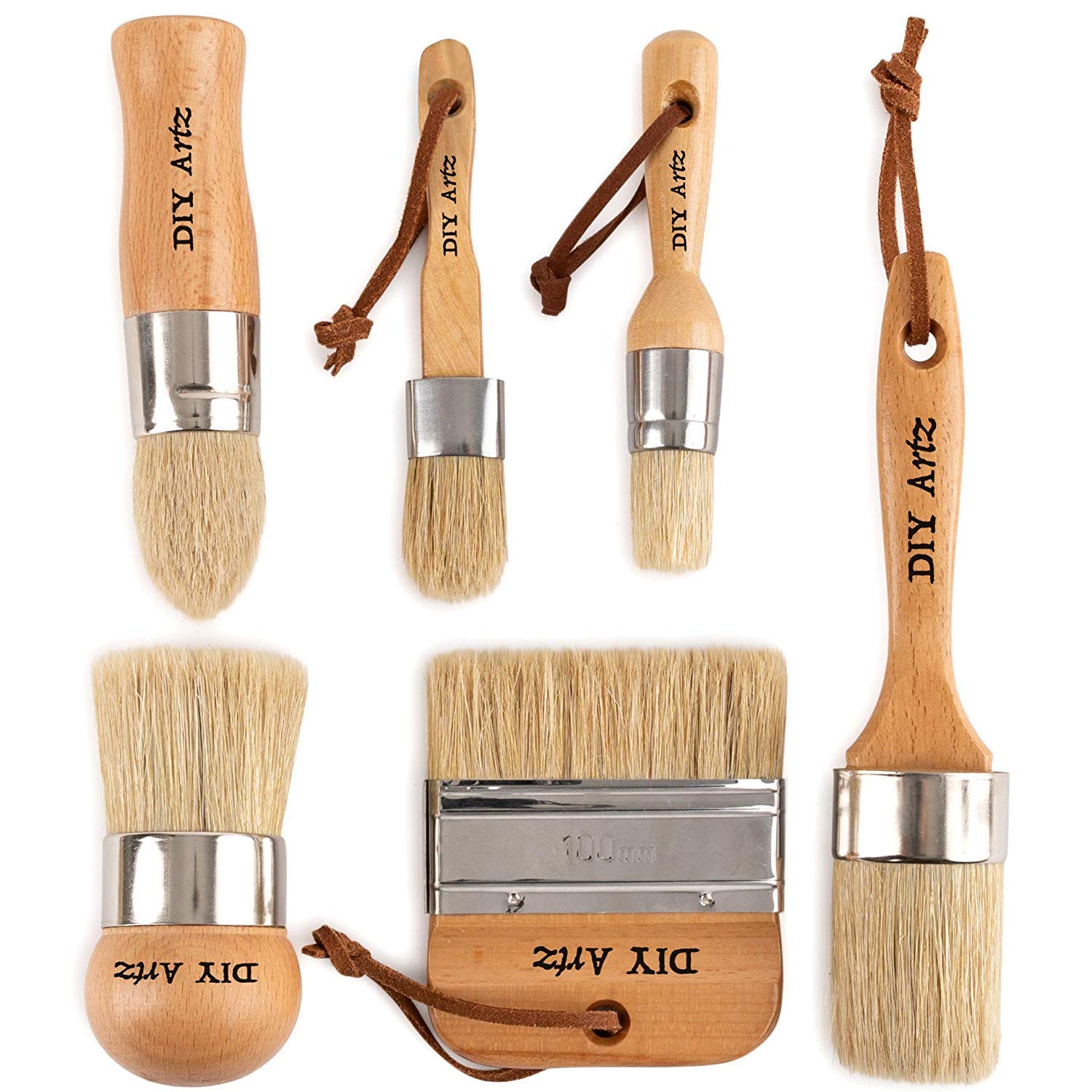 Chalk & Wax Paint Brush (Set of 6) for Waxing & Painting Projects – 100% Natural Boar Bristles, Ergonomic Handles, Minimum Shedding – Smooth Coverage for Furniture, Milk Paint & Stencil by Diyartz