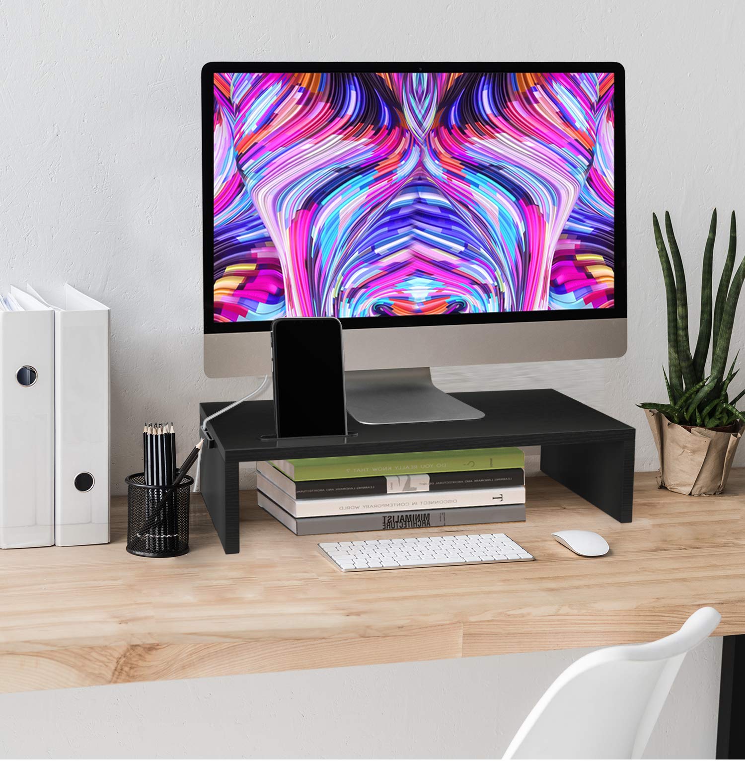AMERIERGO Monitor Stand Riser, Computer Stand, Desk Organizer Stand, Desktop Printer Stand with Phone Holder and Cable Management, Versatile as Storage Shelf & Screen Holder, for Laptop Printer PC