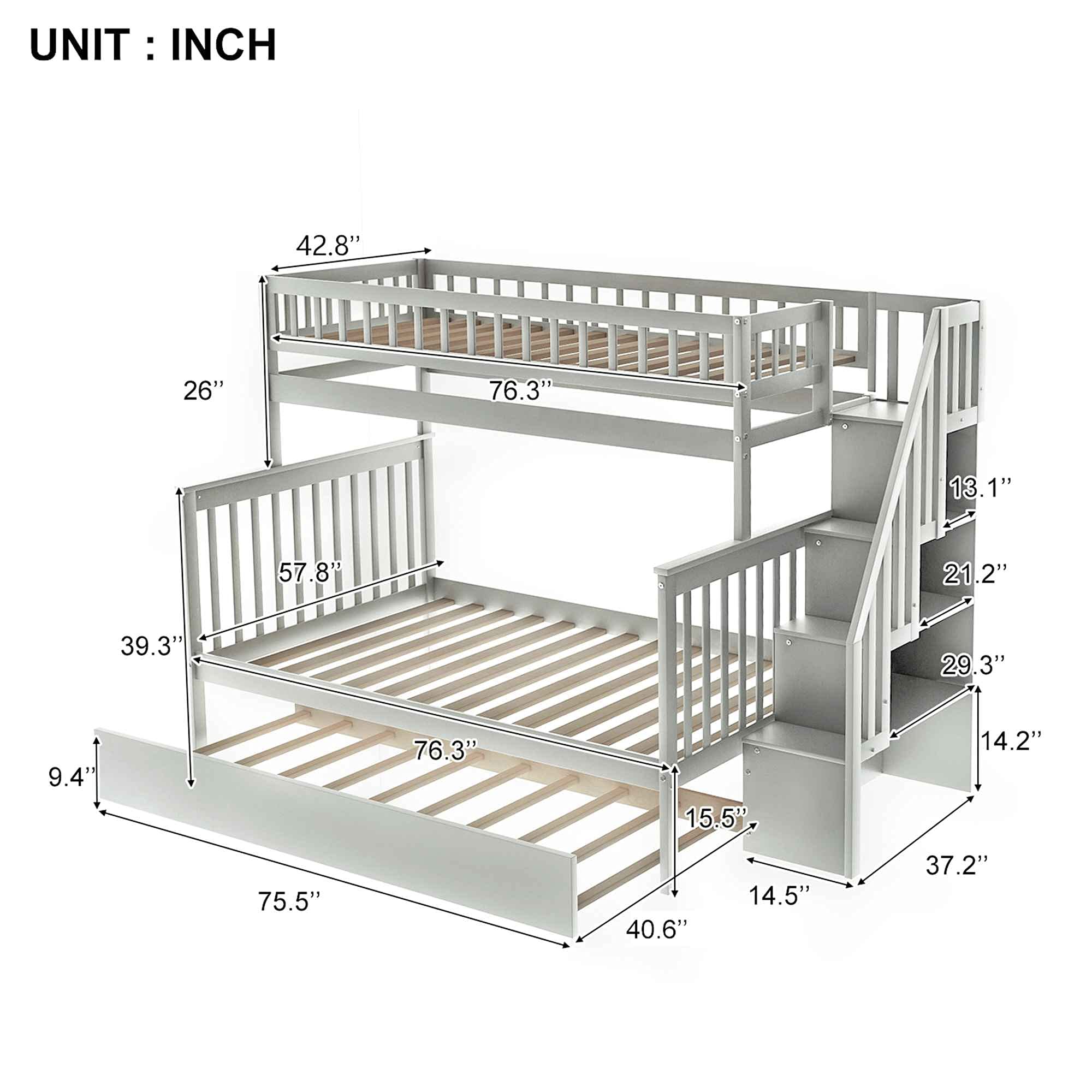 ATY Upgraded Full Bunk Bed with Trundle, Solid Wood Twin Over Size with Storage and Guard Rail, for Kids and Teenagers, Grey