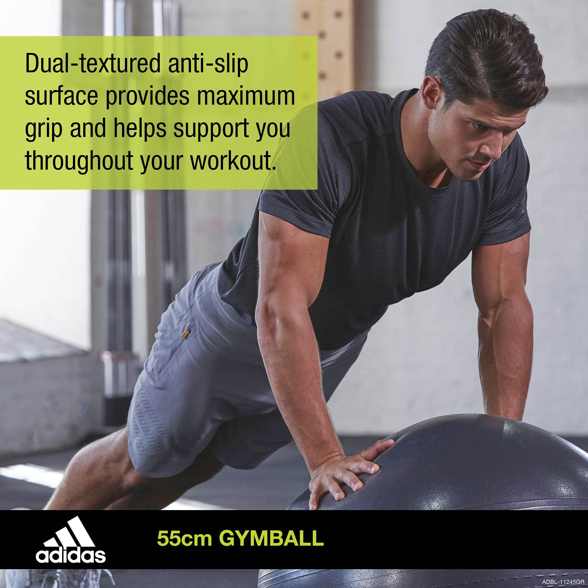 adidas Gymball - 65cm Exercise Ball with Dual Textured Non-Slip Surface for Maximum Grip - for Core Workout, Improving Stability, and Posture at Home or The Gym - Hand Pump Included - Grey
