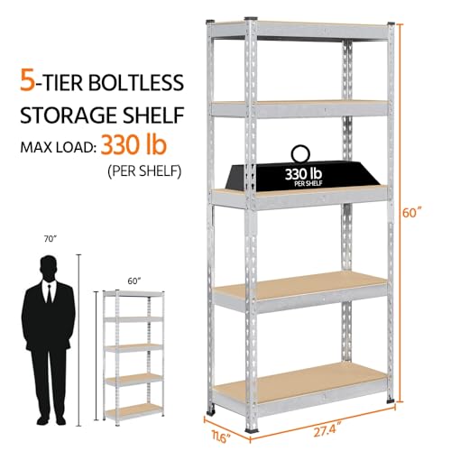 CFSAFK 5-Shelf Boltless & Adjustable Steel Storage Shelf Unit, Silver, Holds up to 330 lb Per Shelf, 4 Pack