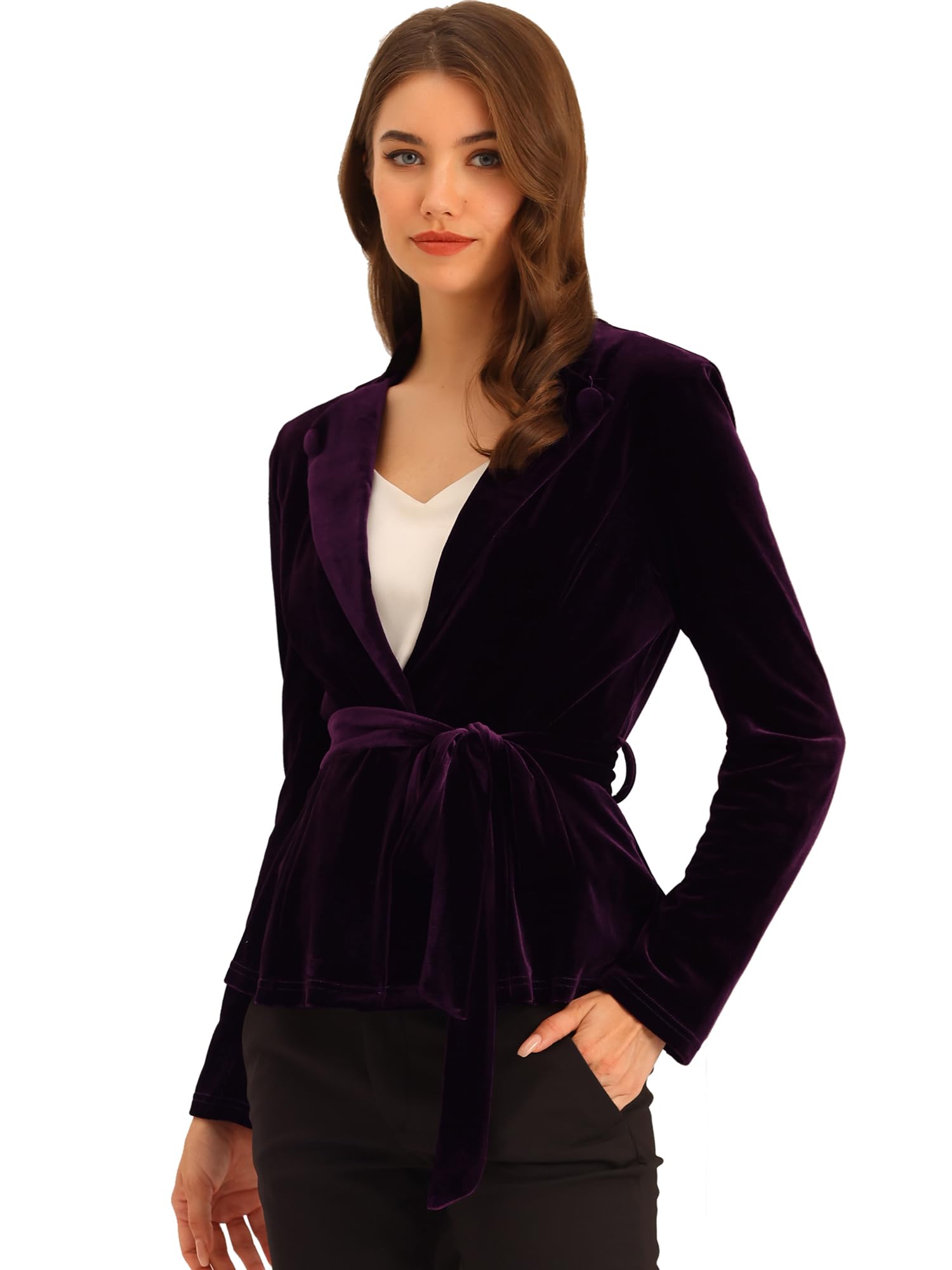 Allegra K Women's Work Office Velvet Belted Lapel Collar Blazer Jacket Medium Purple