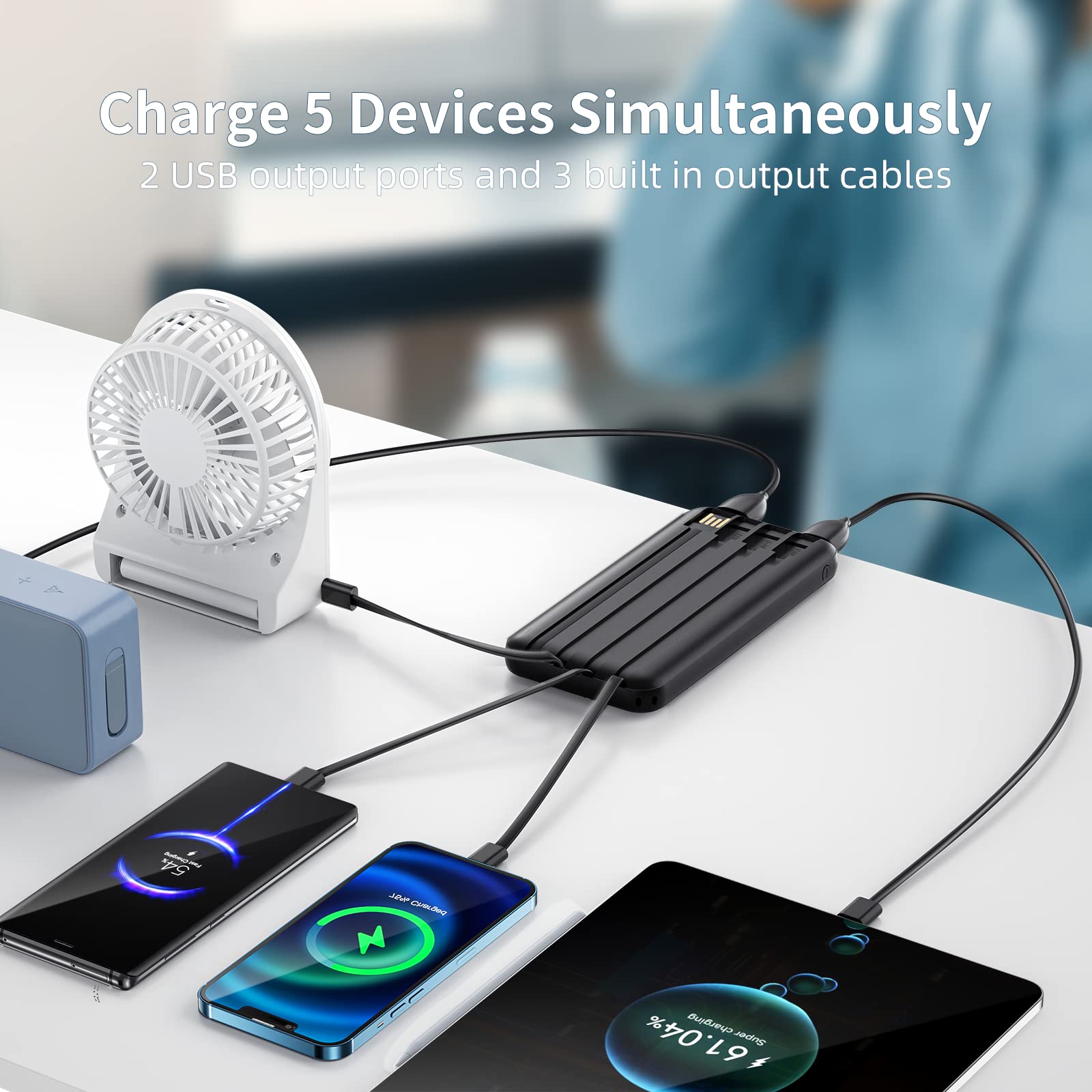 ANOUV 2-Pack Portable Charger with Built in Cables,10000mAh Slim USB C Power Bank,5 Output 3 Input 2 Flashlight LED Display External Battery Pack Compatible with Cell Phone and Most Smart Devices