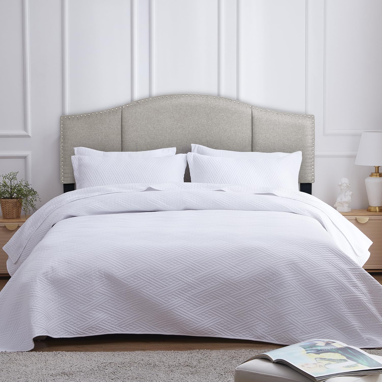 Finnhomy Linen Fabric Upholstered King Size Headboard with Nailheads Trim Platform, Adjustable Height Head Board, Light Grey