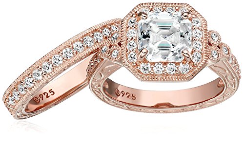 Amazon Essentials Rose Gold Plated Sterling Silver Infinite Elements Cubic Zirconia Asscher Antique Wedding Ring Set, Size 9 (previously Amazon Collection)