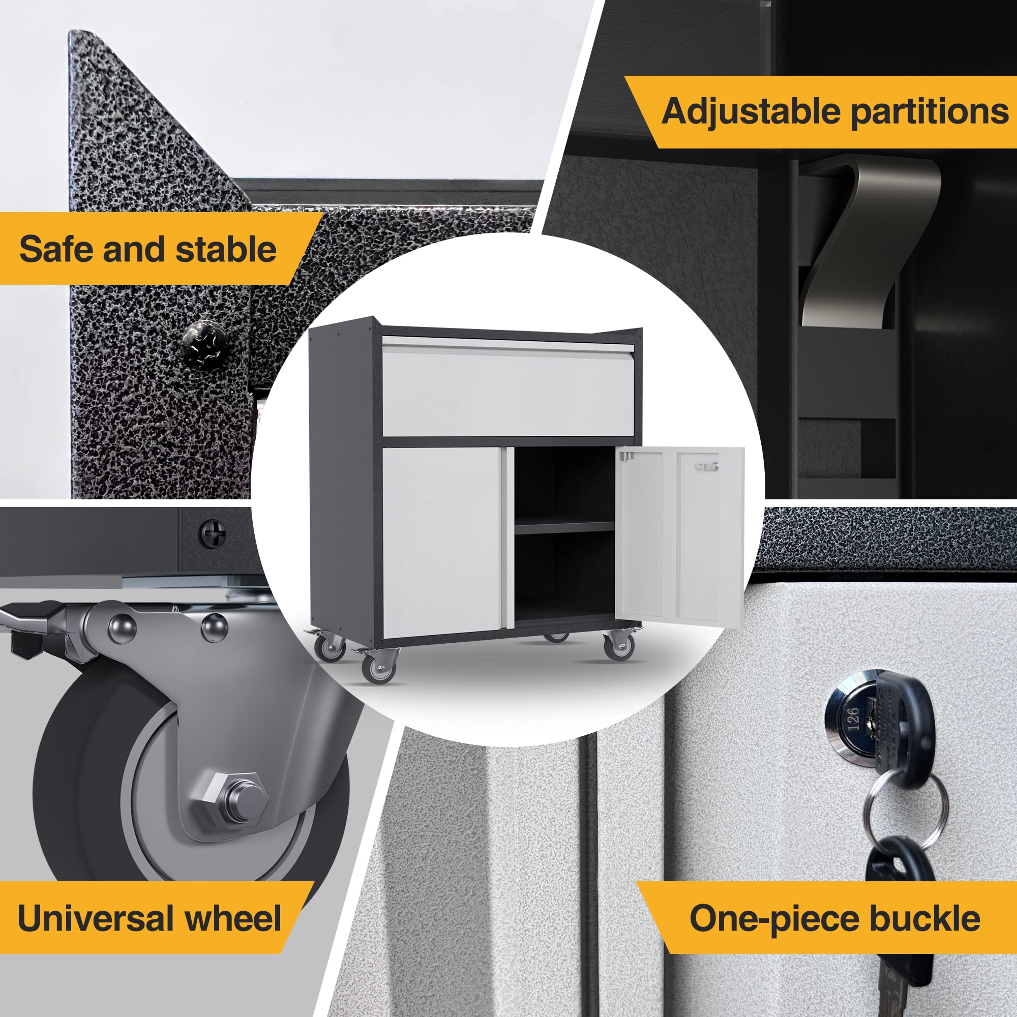 Aobabo Metal Garage Tool Storage Cabinet with Wheels,Lockable Steel Storage Cabinet with 1 Pegboard,4 Shelves Adjustable Cabinet with Door Hole and Hook Rack,Black,Assembly Required