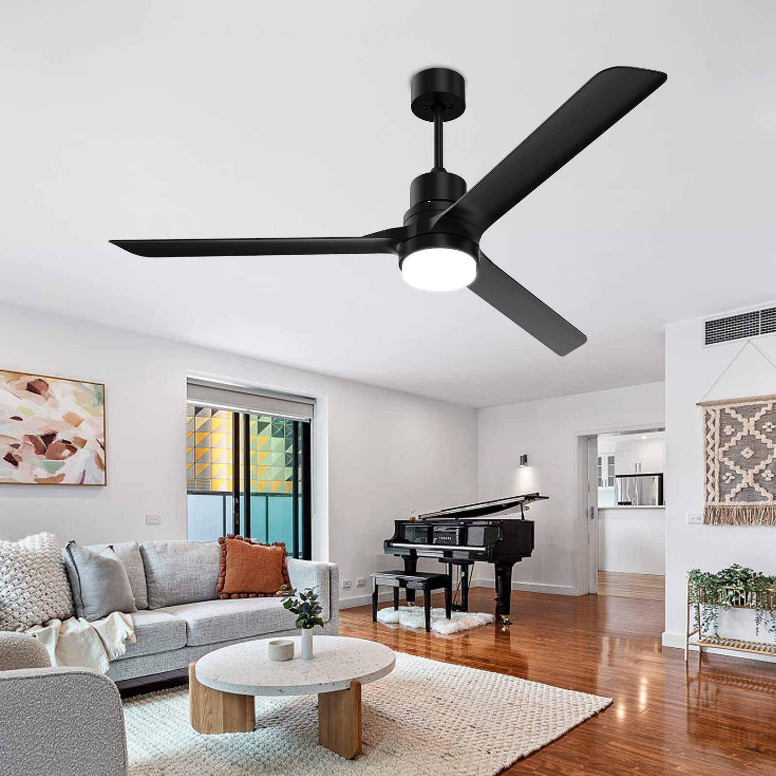 alescu Black Ceiling Fans with Lights,60" Indoor and Outdoor Ceiling Fan with Remote Control, Modern Reversible DC Motor for Patio Bedroom Living Room
