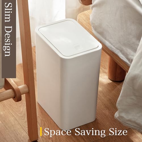 Bathroom Trash Can, Modern Slim Shape Pop-up Plastic Invisible Liner Garbage Bin for Kitchen, Bedroom, Living Room with Lid, Minimal Indoor Waste Basket with Liner Holder, 2.2 Gallon/ 8.5 Liter, White